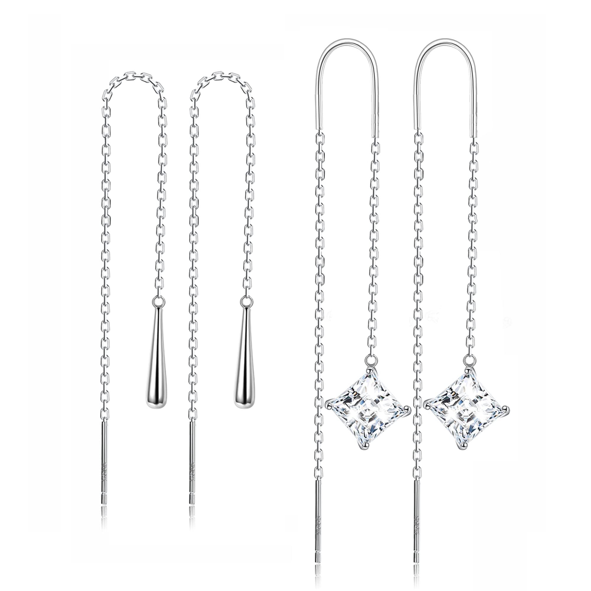 ZELORES 925 Sterling Silver Threader Earrings CZ Droplet Tassel Chain Earrings Silver Long Dangle Earrings for Women