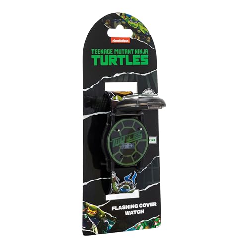 Nickelodeon Accutime Ninja Turtles Kids' Digital Watch with Pop Open Top/Casing, Flashing LED Lights, Black Strap - Official TMNT Characters on The Top, Safe for Children - Model: TMN4205