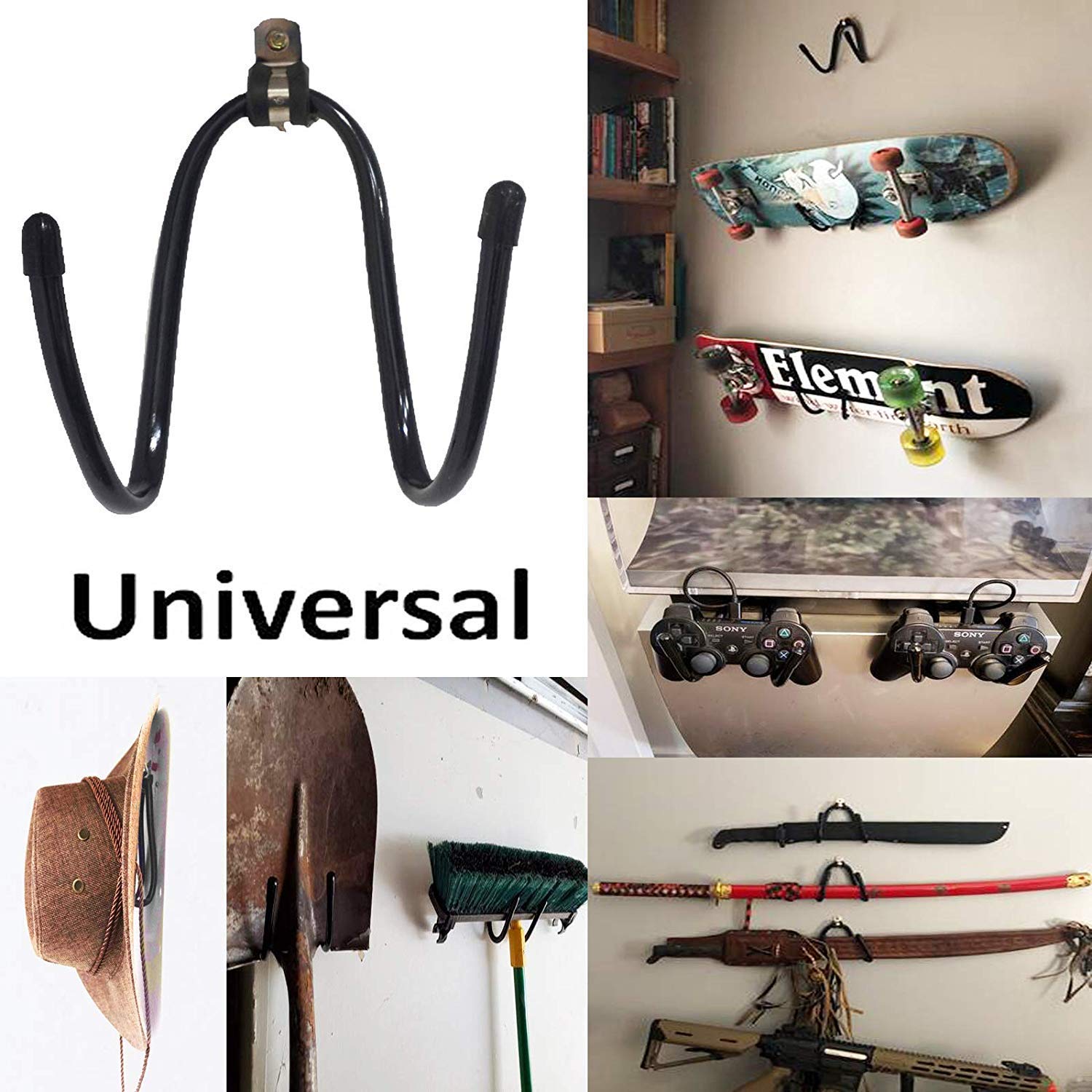 Pack of 2 , Rack with Adjustable Hooks Equipment Organizer Storage β W Claw Wall Mount Football Holder Ball Display Rack for Helmet, Gloves, Coats, Hats/Metal and Silicone Rubber Black Finish.