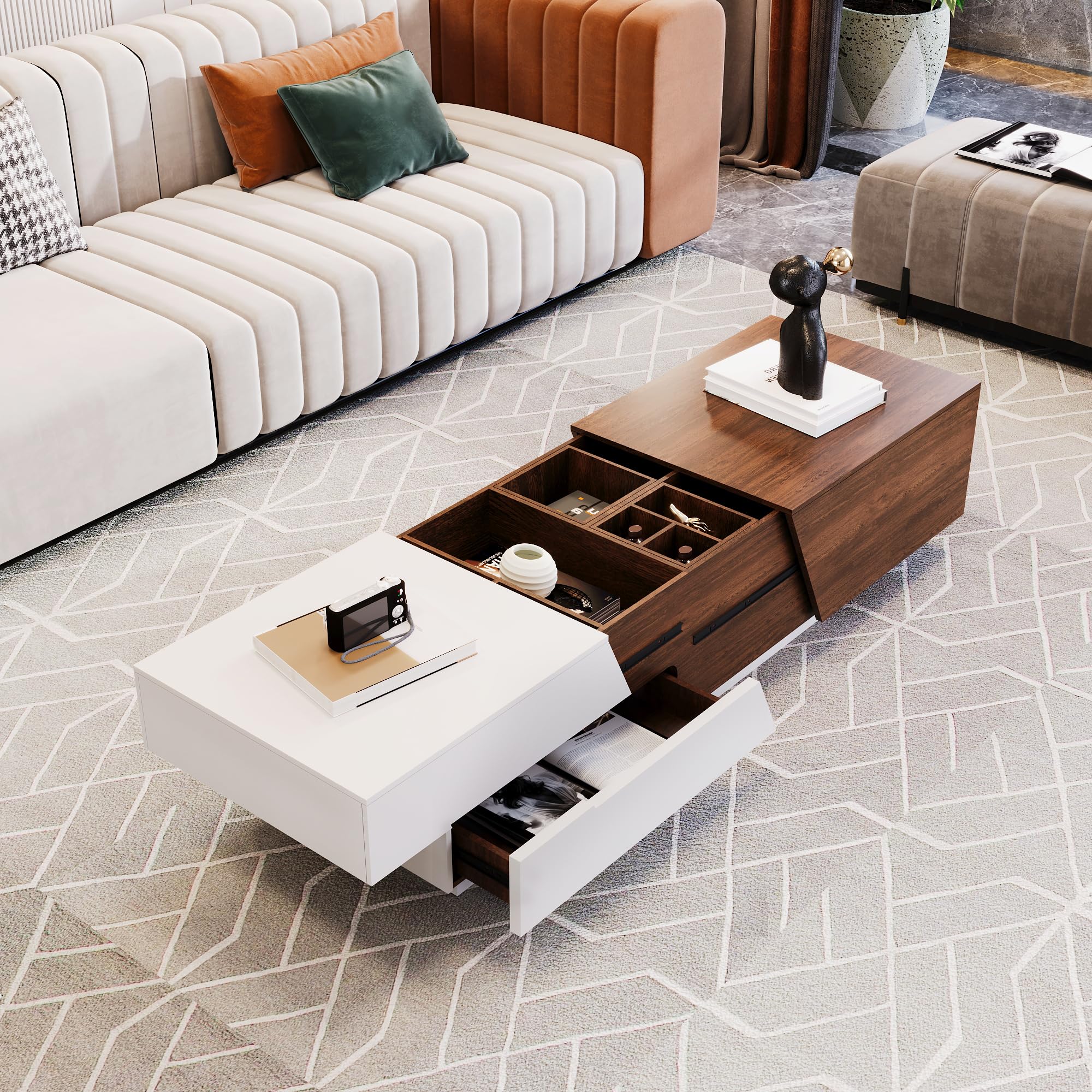 Merax Coffee Table Extendable Sliding Top for Living Room Modern with Drawers Hidden Compartment Accent Furniture Multifunctional Cocktail Reception Office Bedroom, 47.2"-72.8", White/Walnut