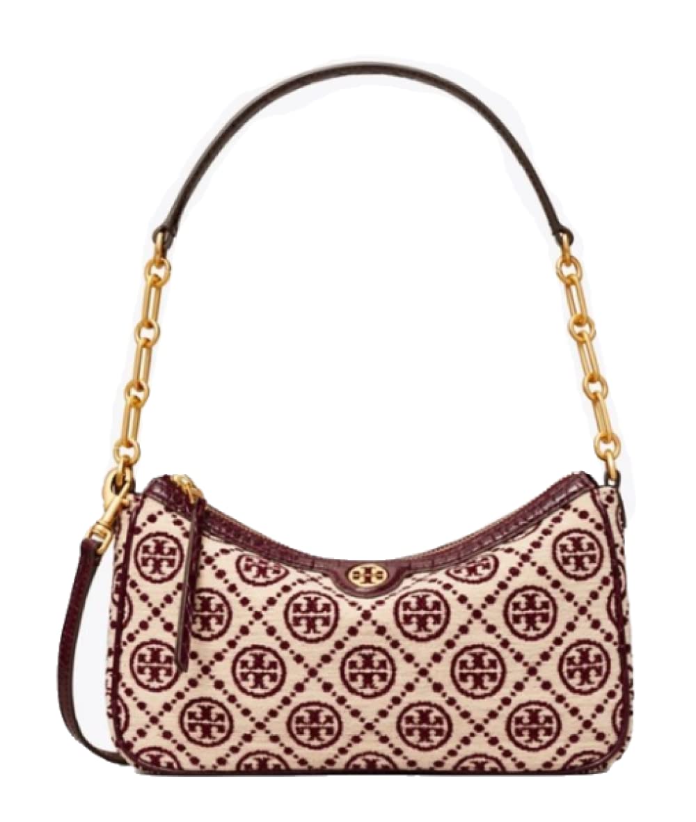 Tory Burch Women's T Monogram Chenille Studio Bag, Claret/New Cream, Red, Graphic, One Size