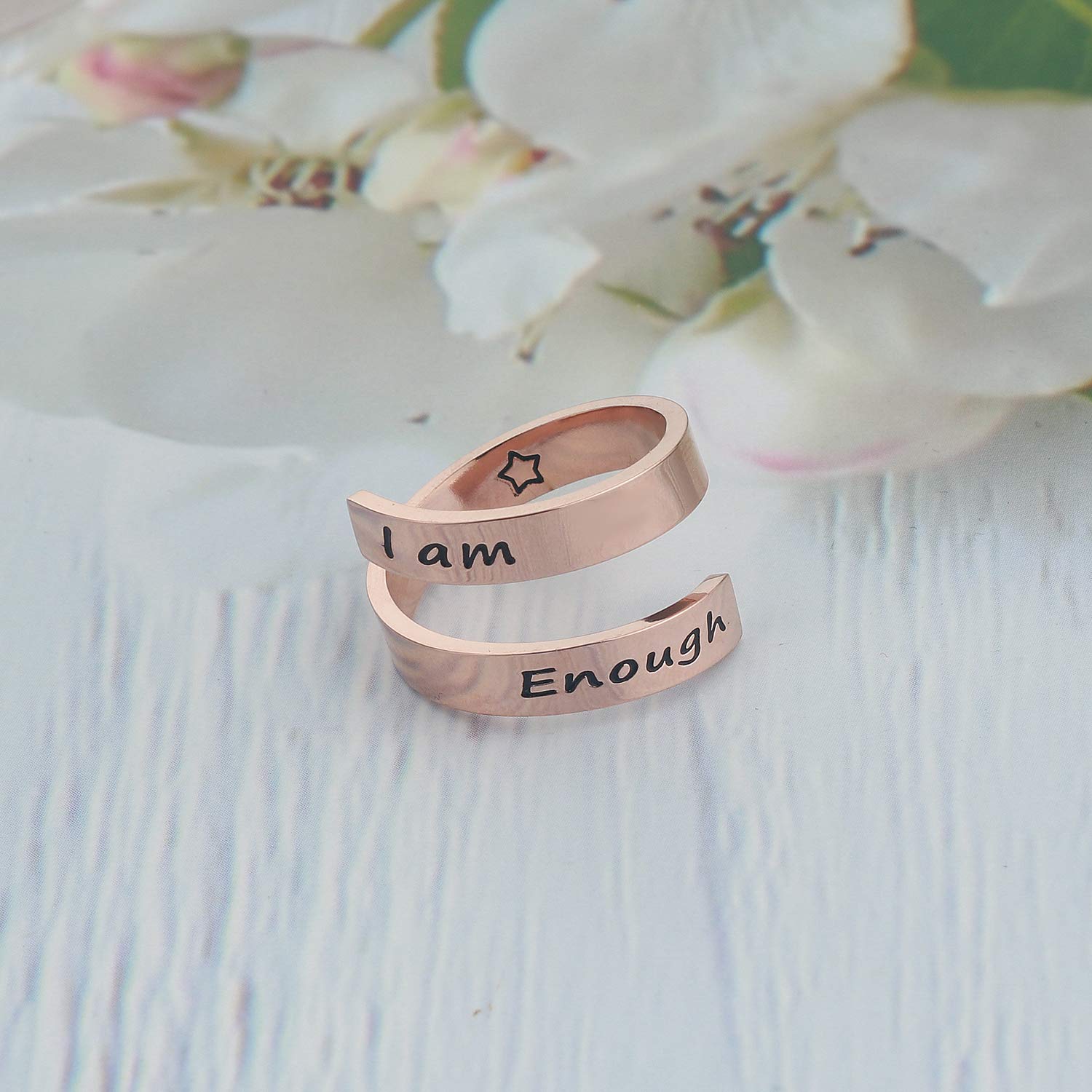 PARTNER Inspirational Ring Gift for Women Man Stainless Steel Engraved Personalized Birthday Graduation Gifts (I am enough - Rose gold)