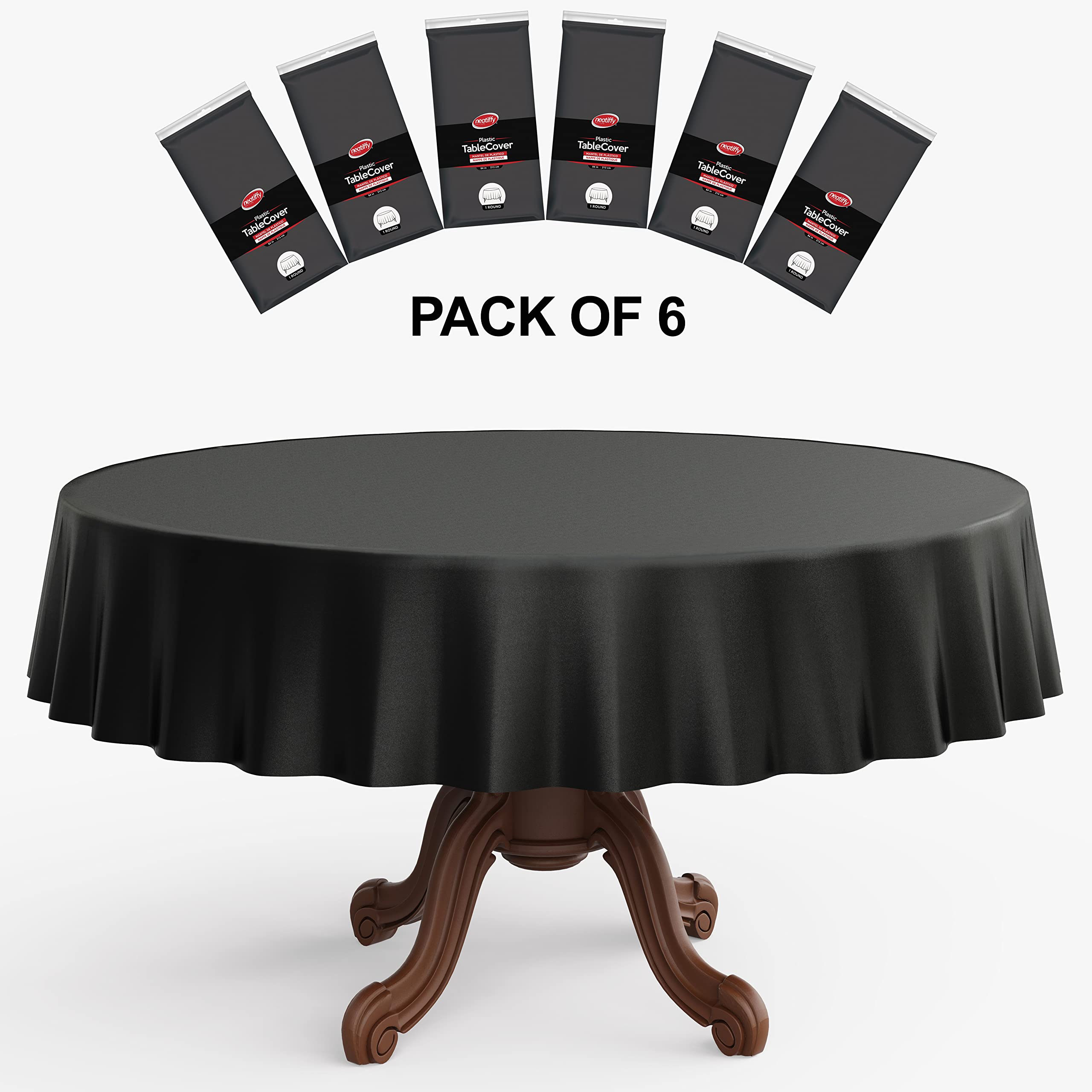 Neatiffy 84 Inch 6 Pack Disposable Round Plastic Tablecloths Picnic/Camping/Party/Banquet Table Cover. Table Cloth for Round 84" Tables, (Black)