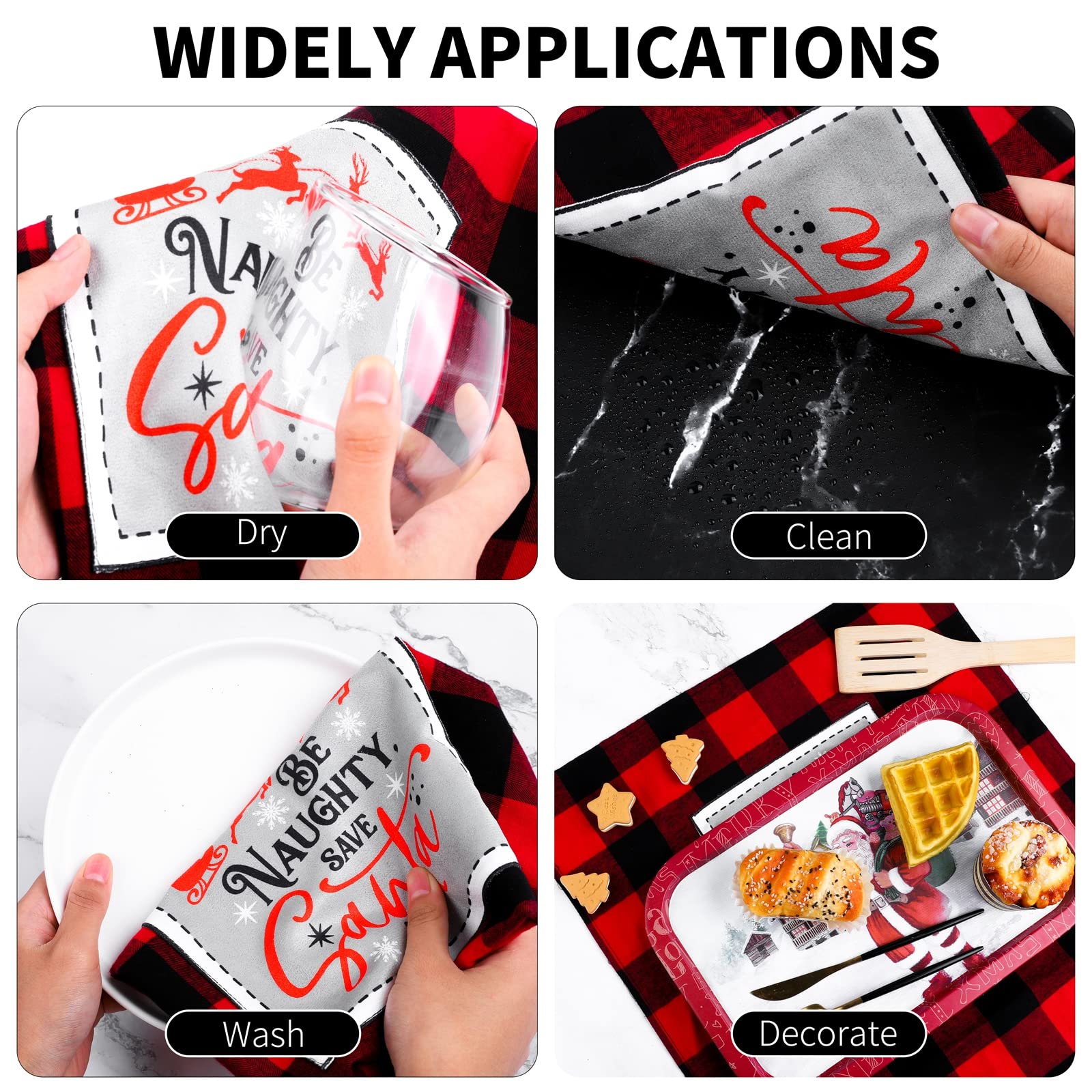 Ruisita 4 Pack Buffalo Plaid Christmas Cotton Kitchen Towels Oversized Embroidered Xmas Decorative Dish Towels 28 x 18 Inch for Winter Holiday Kitchen Drying Cooking