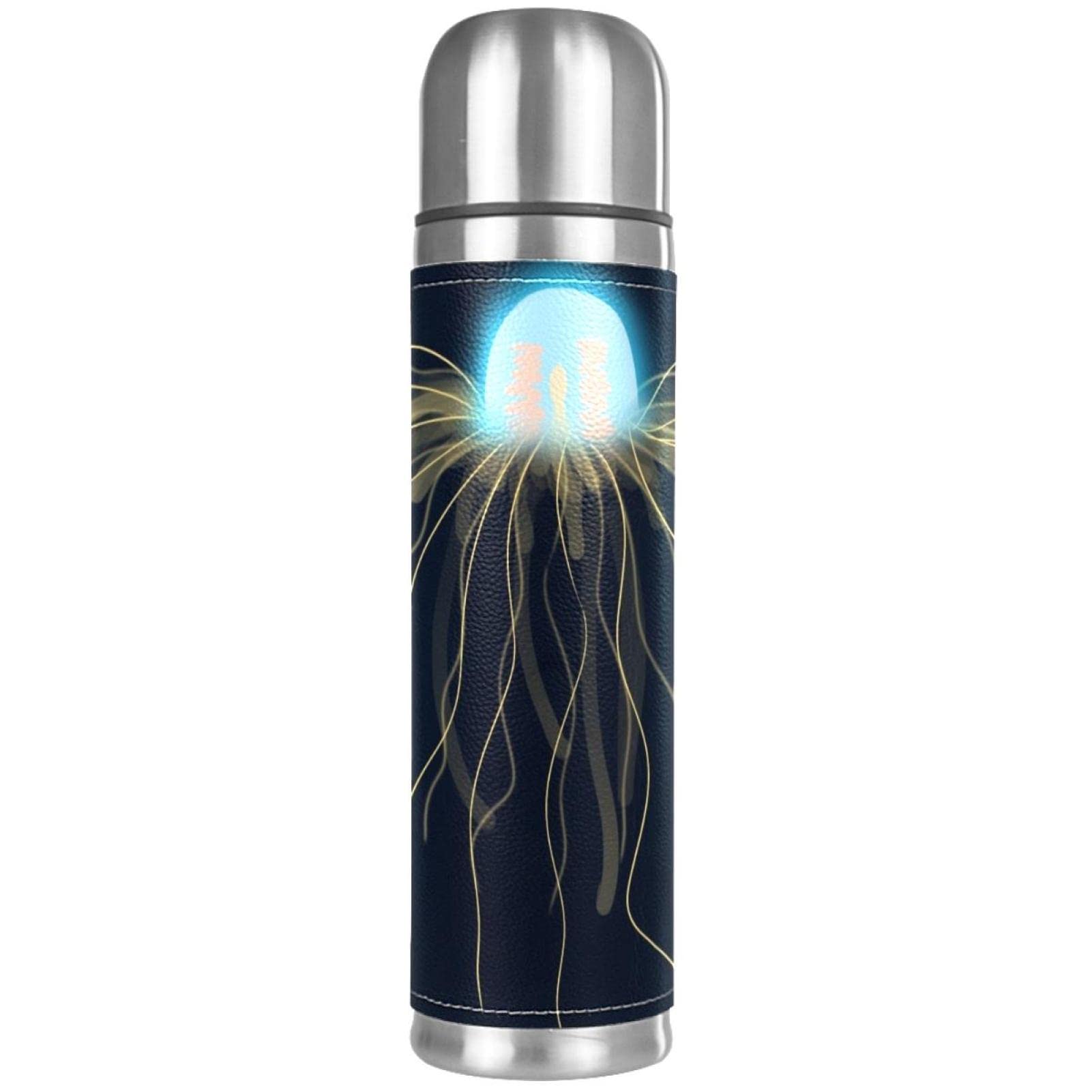 Stainless Steel Leather Vacuum Insulated Mug Jellyfish Thermos Water Bottle for Hot and Cold Drinks Kids Adults 16 Oz