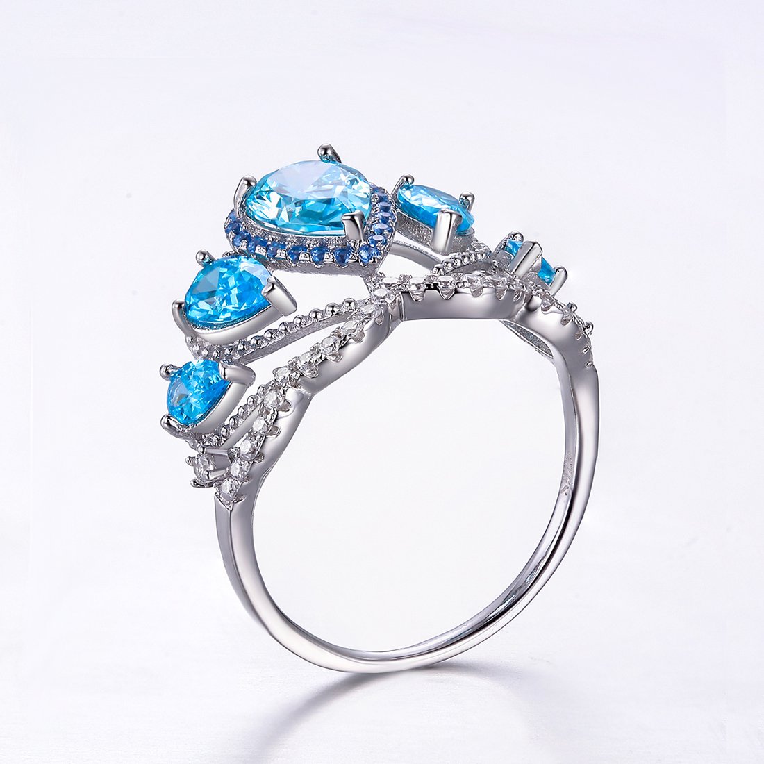 Merthus 6x8mm Pear Cut Simulated Blue Topaz 925 Sterling Silver Princess Tiara Crown Ring for Women Size 7