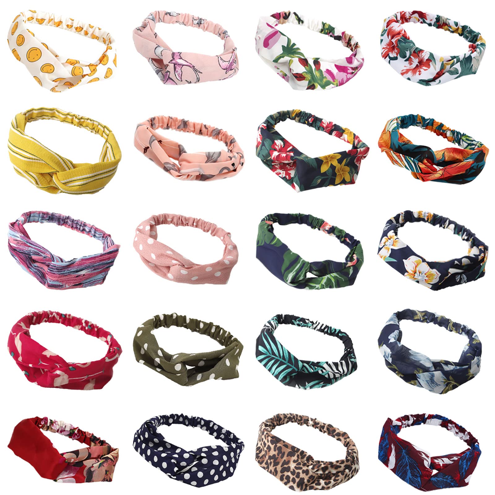 RIY 20 Pack Women Headbands with Twist Knot Boho Flower Print Criss Cross Head Wrap Elastic Hair Band - A