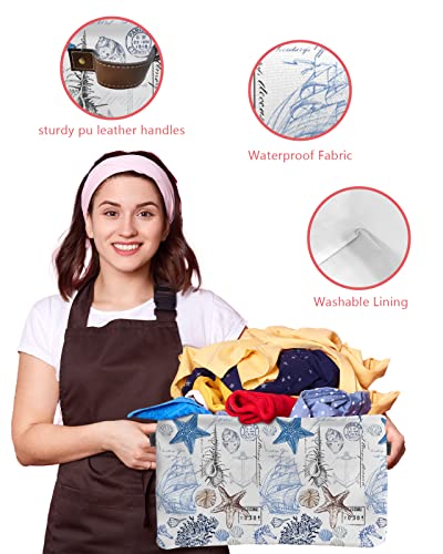 Storage Bins, Nautical Theme Marine Sail Boat Beach Starfish Shell Seashell Storage Baskets for Organizing Closet Shelves Clothes Decorative Fabric Baskets Large Storage Cubes with Handles