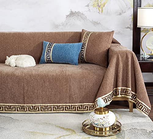 STACYPIK Universal Modern Sofa Cover for Sectional,Armless Sofa,Love-seat Couch Protector for Dogs,Kids,Cats,Machine Washable Chenille Couch Cover with Jacquard Edge -71" X118"(Sofa, Brown)