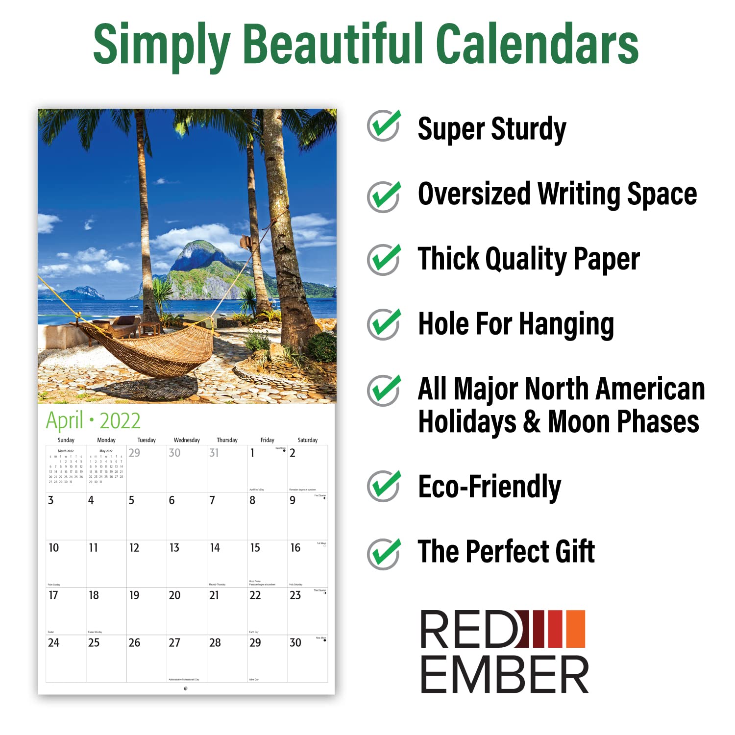RED EMBER Beaches 2022 Hangable Wall Calendar - 12" x 24" Opened - Thick & Sturdy Paper - Giftable - Kick Back and Relax