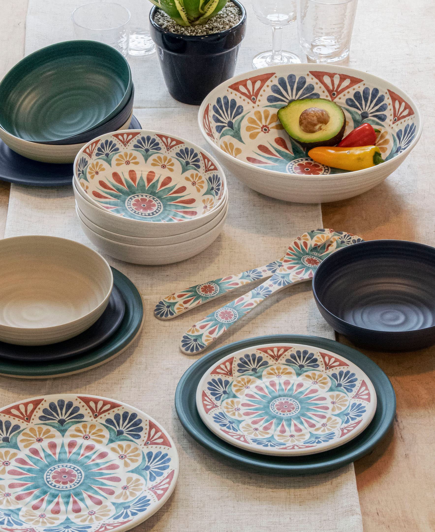 TarHong Planta Artisan Solids Low Bowl, Planta (Majority Plant Based with Melamine Binder), Shatterproof, Indoor/Outdoor Entertaining, Matte Teal, Set of 6