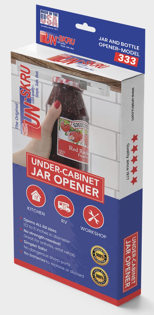 UN-SKRU Jar Opener - Under Cabinet Bottle & Jar Lid Opener for Arthritis, Weak Hands, Seniors β One Handed, Easy Grip Universal Lid Gripper Tool for Jars, Bottles & Containers β Removes Tight Jar Lids