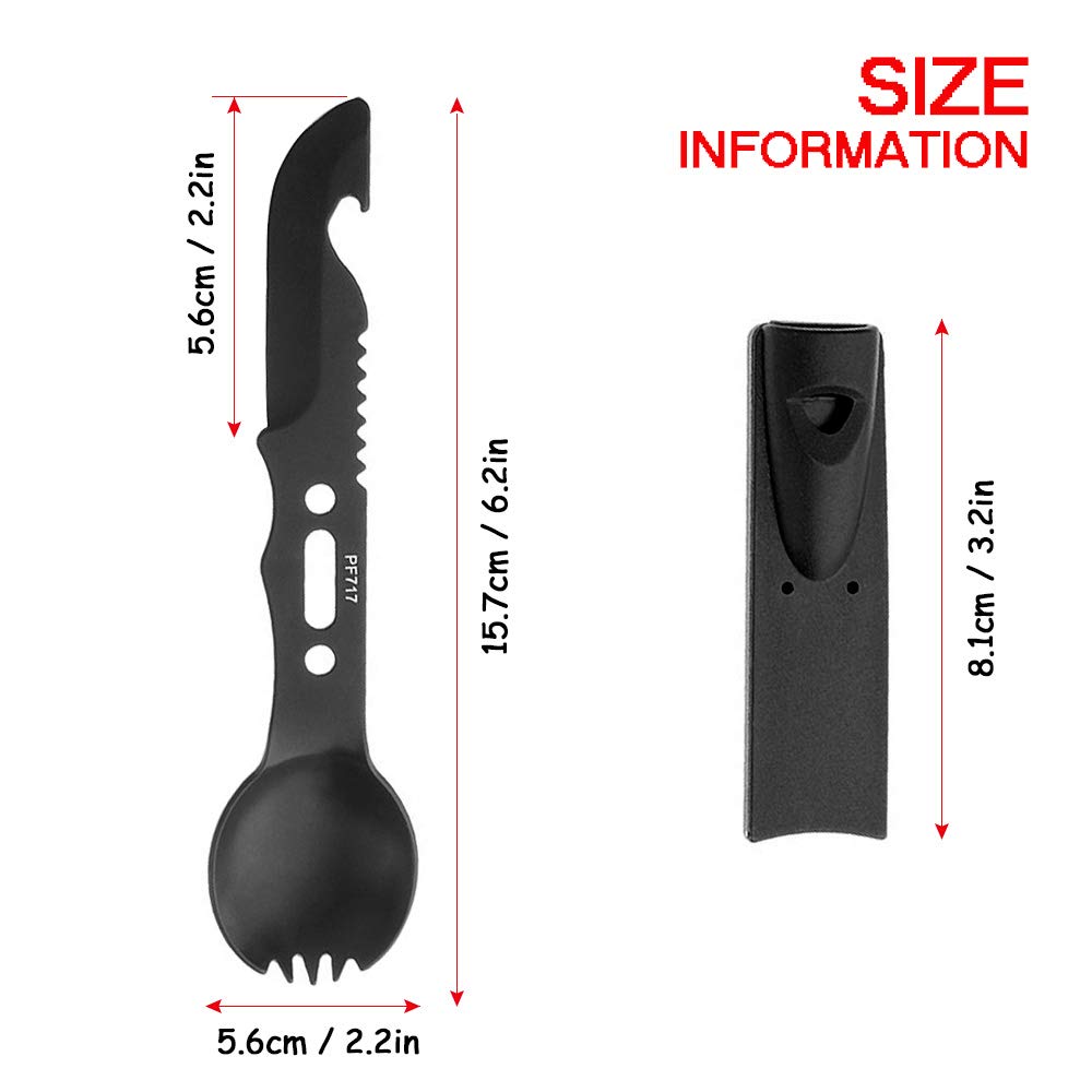 Multi-Function Portable Camping Tool,Stainless Steel Fork Spoon Knife Combo Utensil with Bottle Opener/Emergency Whistle/Saw Tooth Blade/Rope, Survival Multitool for Hiking/Hunting (Black-Black)