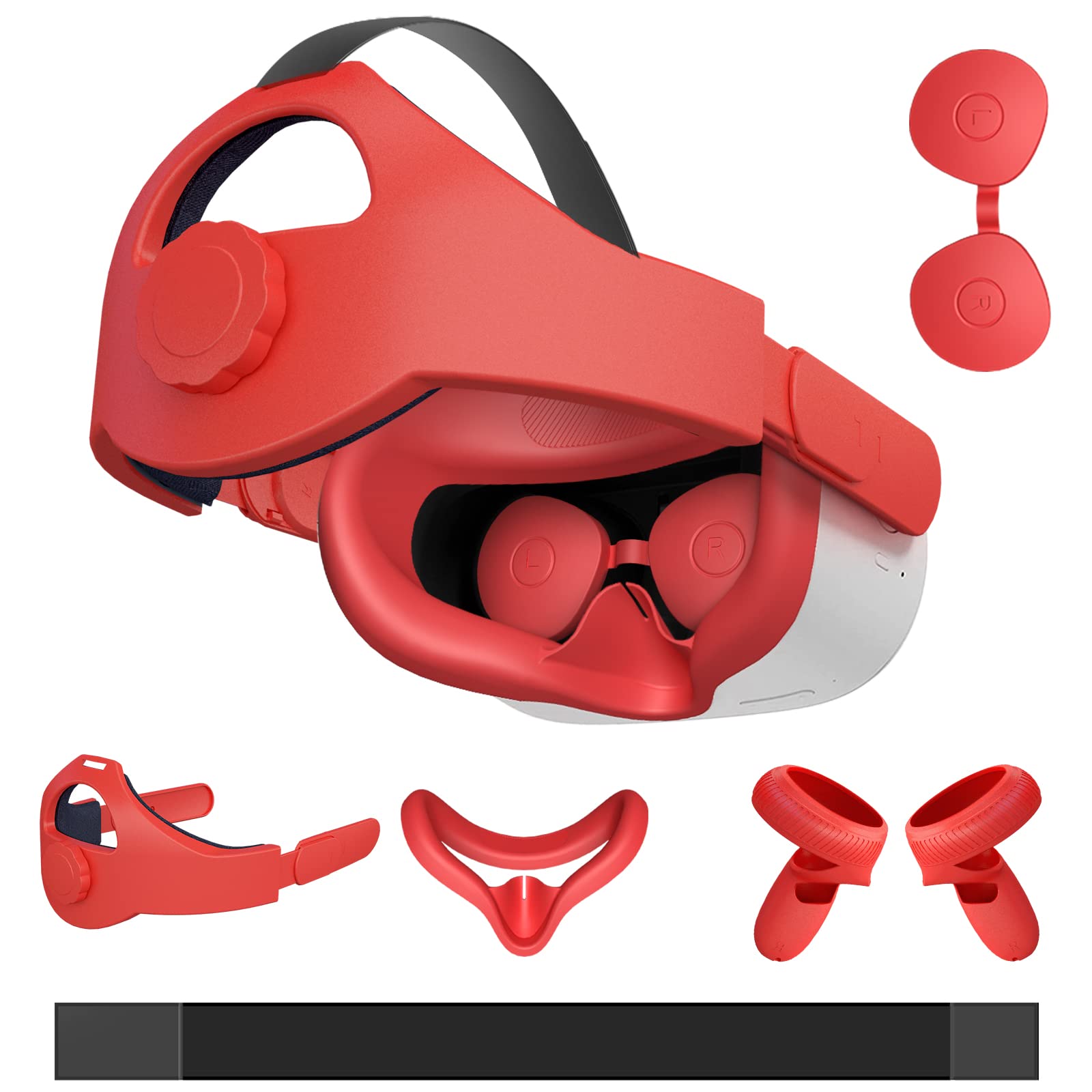 SUIHUOJI for VR Oculus Quest 2 Accessories 5 in 1 Replacement Head Strap Elite Kits Protective Lens Cover Sweatproof/Silicone Face Pad Cover/Controller Grips Cover for Quest 2 Headset (Red)