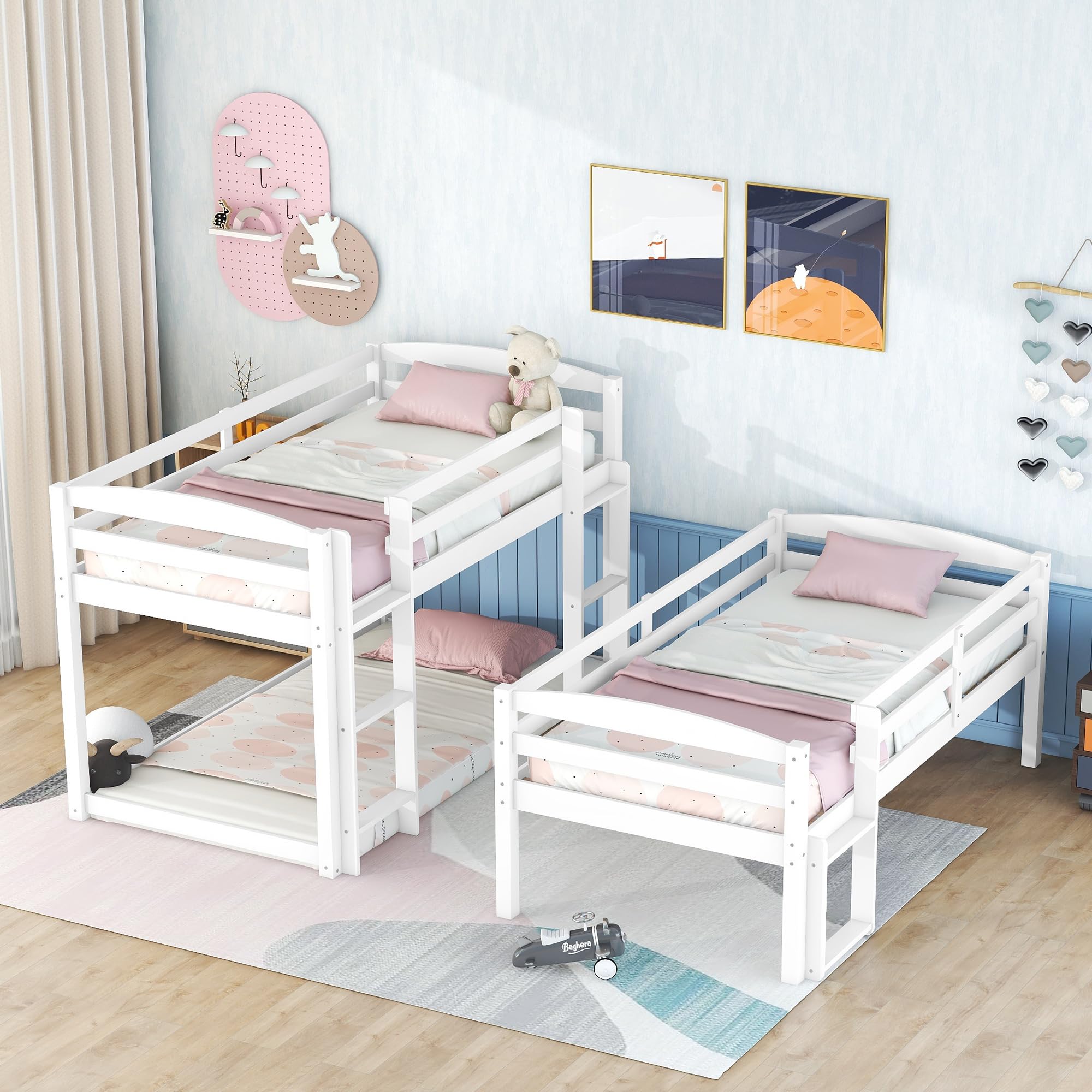 Merax Twin Triple Bunk Bed with Ladders, No Box Spring Needed,for Bedroom and Guestroom, Easily Convertible into One Twin Bed and One Twin over Twin Loft Bed, White