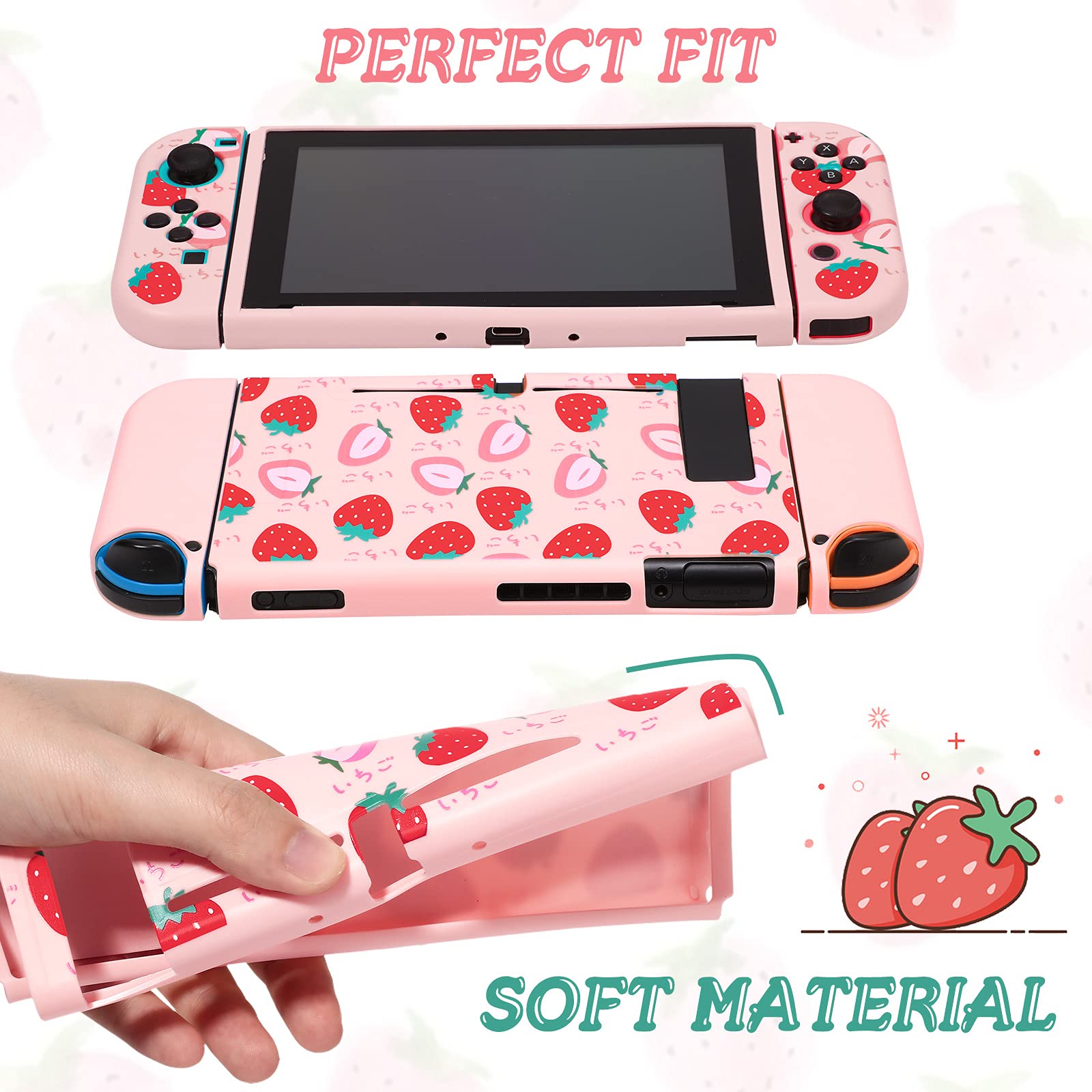Pink Strawberry Pattern Protective Case and Carrying Case Compatible with Nintendo Switch, Soft Slim Case Cover for Console and Controllers, Hard Shell Travel Carrying Bag with 12 Game Card Slots
