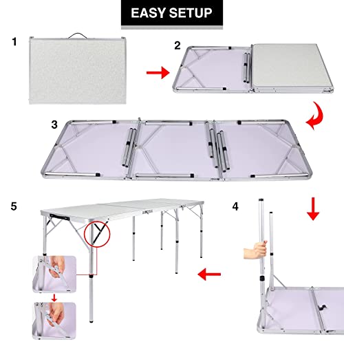 REDCAMP Tri-fold Aluminum Folding Table 4 Feet, Lightweight Portable Long Camping Table with Adjustable Heights Legs, Foldable for Indoor Outdoor Picnic, White