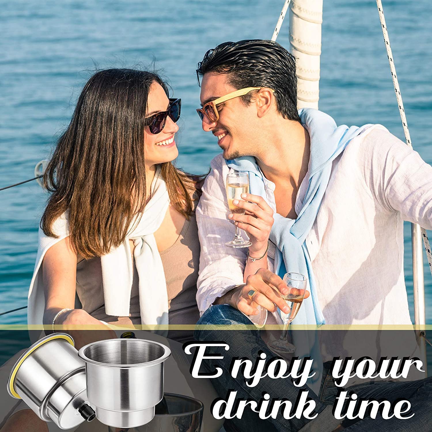 Pebbly Beach 4 PCS Boat Cup Holder, Stainless Steel Cup Holder Insert with Drain for Boat and RV