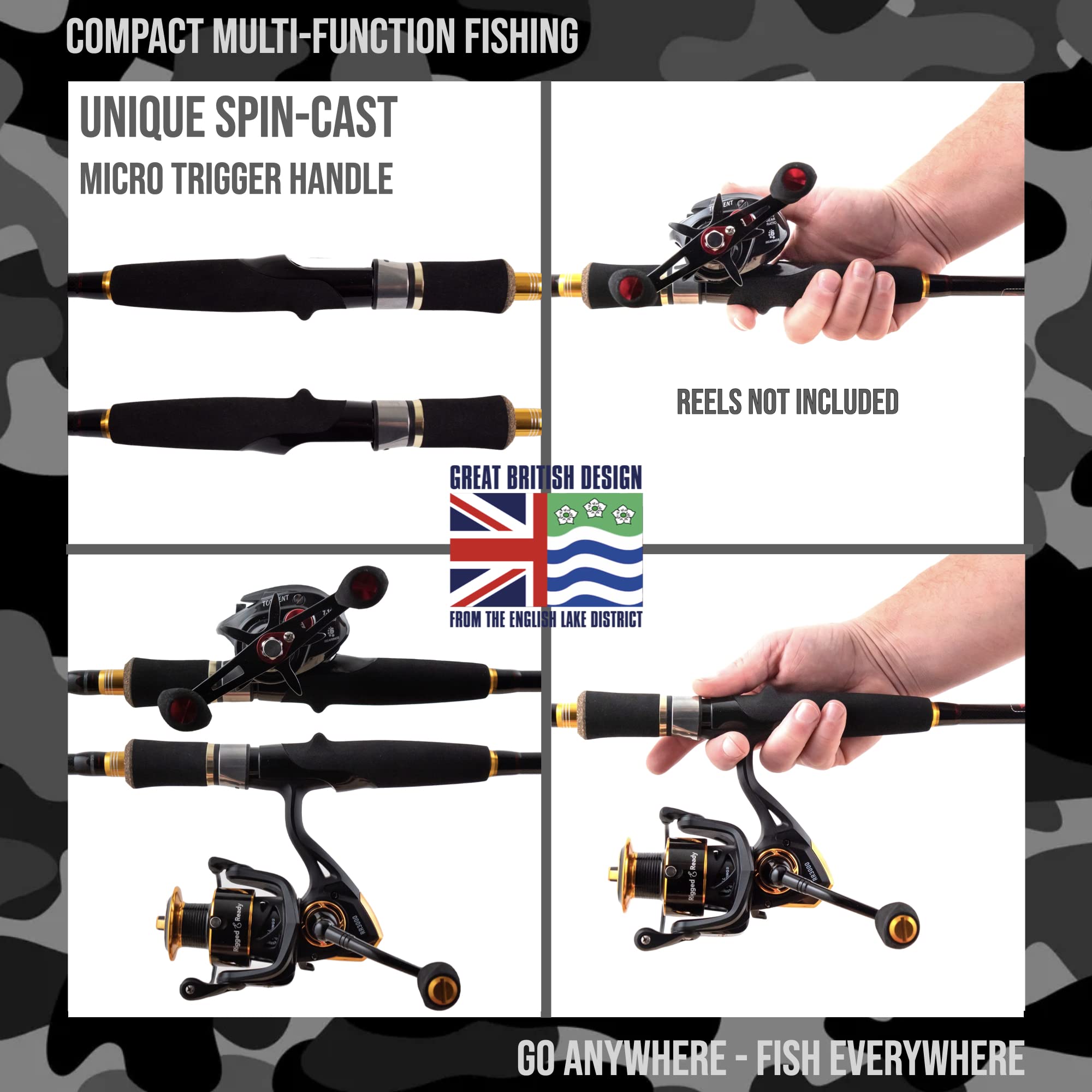 Rigged and Ready Predator Baitcaster Spin Travel Fishing Rod. Hi-Carbon Cast Spinning Pole Unique Micro Trigger +2 Tips 220+185cm (6β+7β3β) Angling Options Max Cast Weight 30g(1oz) 80g(2 3/4oz)