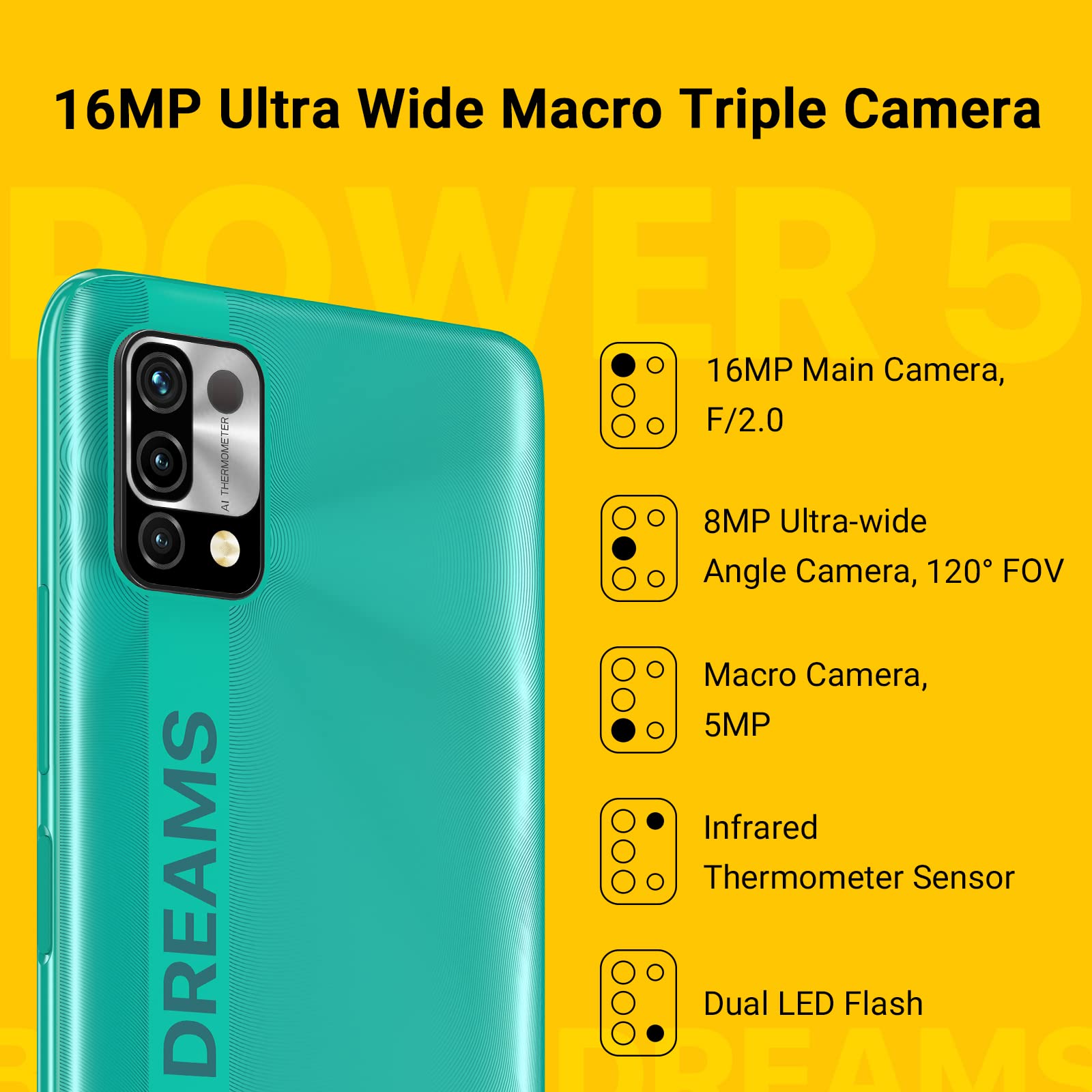 UMIDIGI Unlocked Cell Phone, Power 5 (3+64g) Android 11 Smart Phone, 6150mAh Battery+ 6.53" HD Display Smartphone with 16MP AI Triple Camera, Dual SIM Android Phone…
