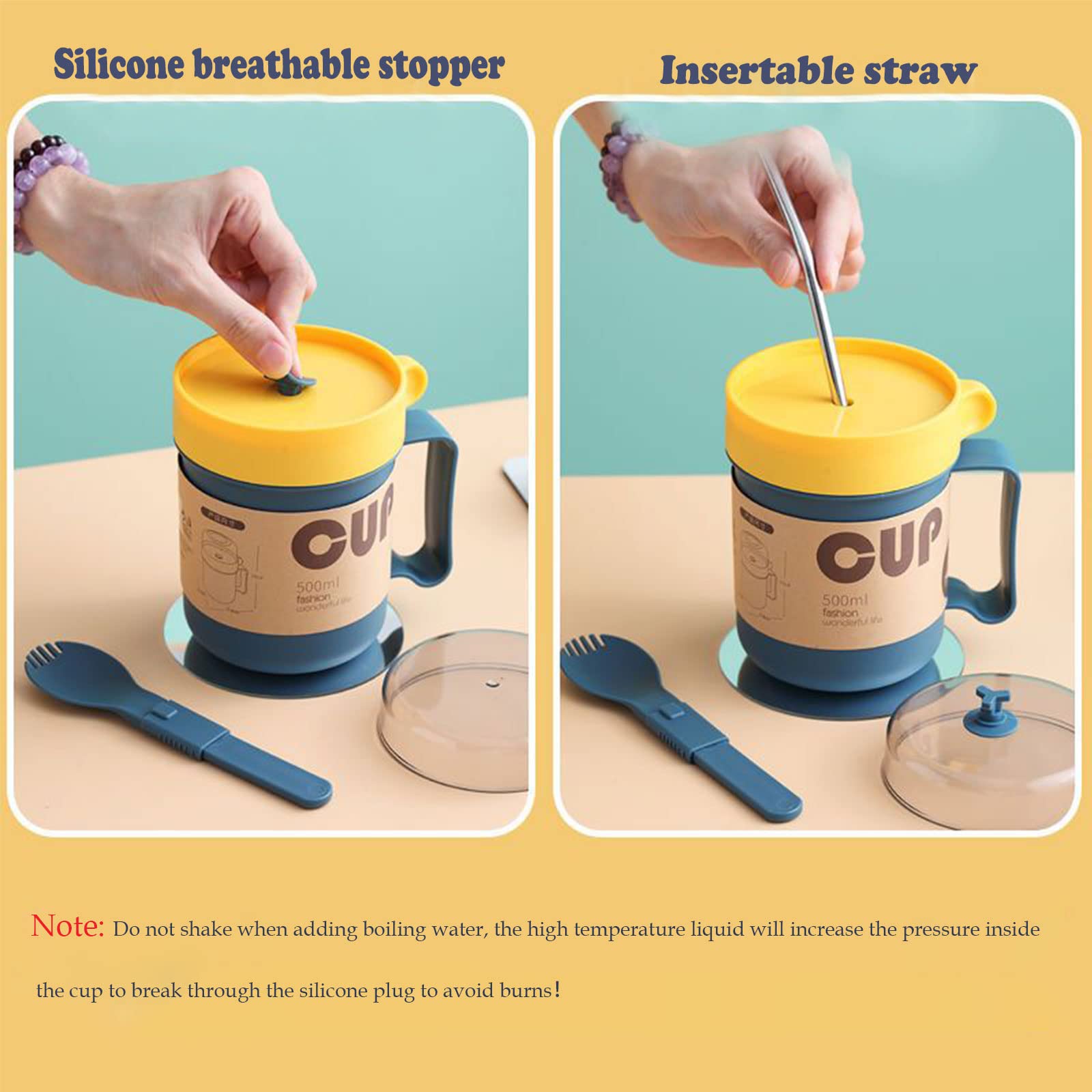 SUNSHNO Soup Mug,18 Ounce Microwave Soup Cups with Lid Allows Food Flasks Oven Milk Cup Food Jar Container for Noodles, Hot Cereal and More in a Single Container-(Yellow)