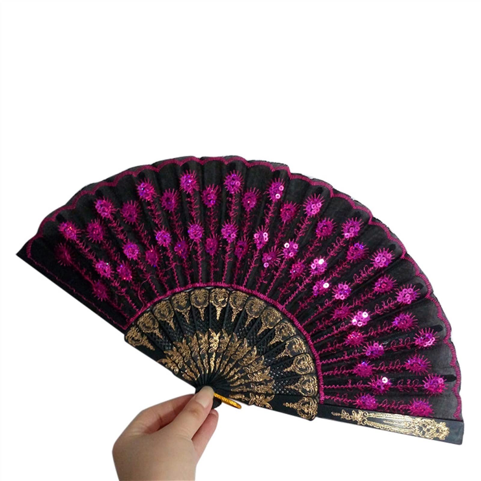 Xinbalove Hand Folding Fans Chinese Tai Chi Folding Fan Pattern Spanish Lace Silk Folding Hand Held Dance Fan Flower Silk Wedding Hand Fan Cool Bamboo Flower Hand Fans Personalized (Color : A)