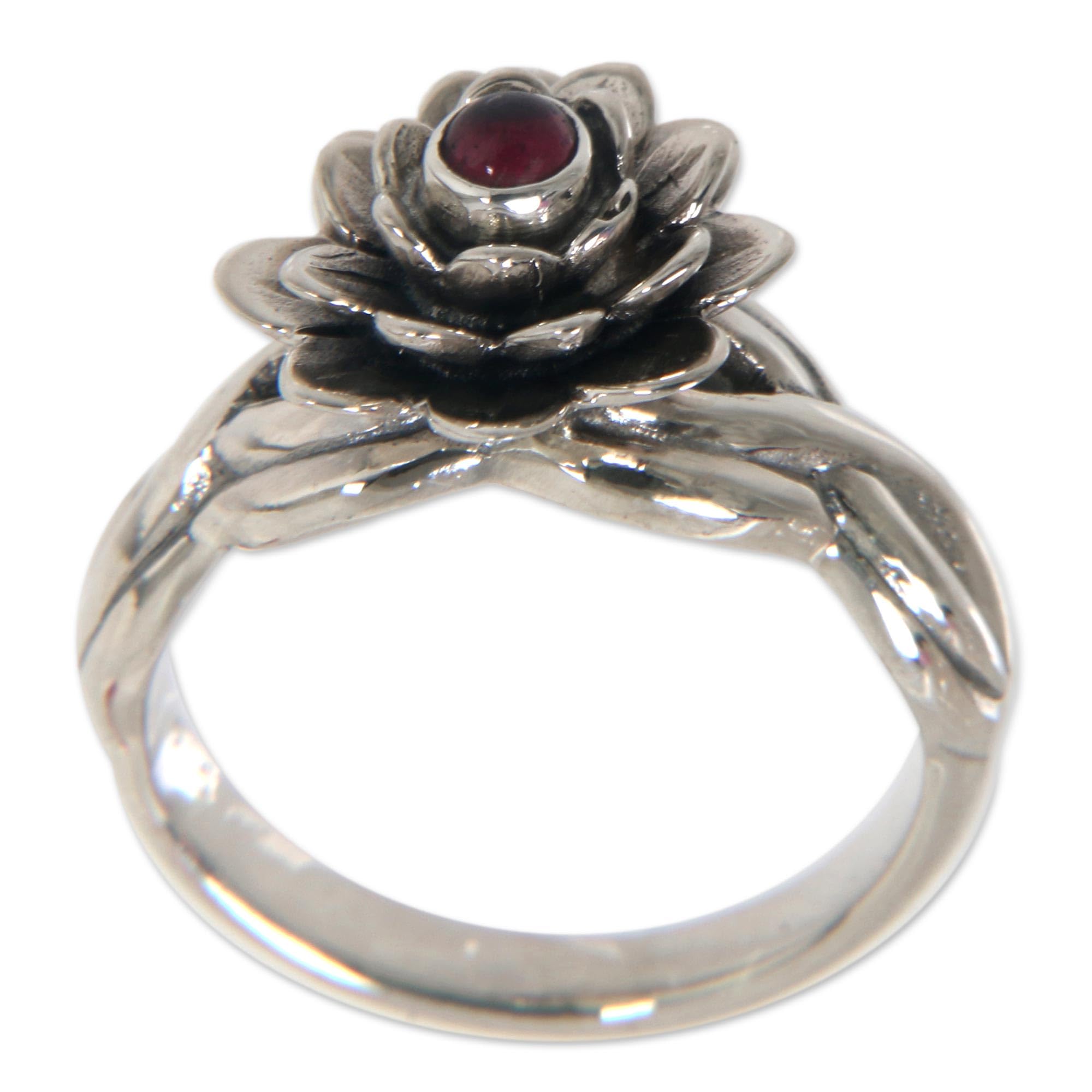 NOVICA Garnet .925 Sterling Silver Ring, Red-Eyed Lotus'