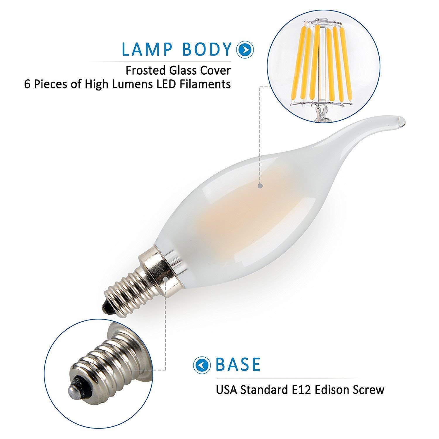 PANLAVIE LED Candelabra Bulb 6W Dimmable, 60W Equivalent, Vintage Classic Edison Style, Frosted Glass Light Bulbs, C35/CA10 Flame Tip, E12 Base, Soft White 2700K, Pack of 3