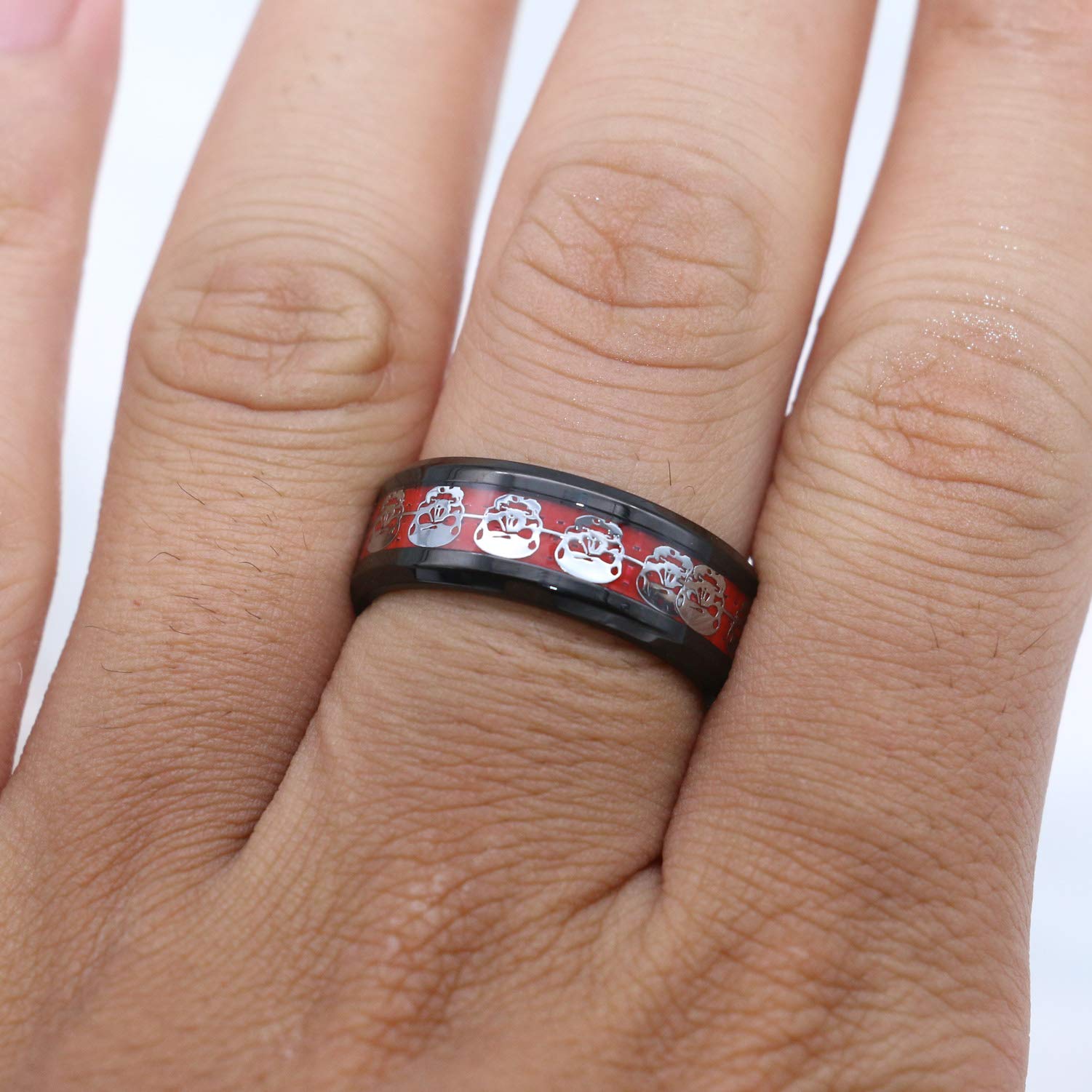 Ringcrown Couple Rings Black Plated Round Red Cz Womens Wedding Ring Sets Skull Ring Titanium Steel Man Wedding Bands(Please Buy 2 Rings for 1 Pair)