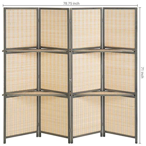 MyGift 4-Panel Deluxe Woven Bamboo Dark Gray Room Divider with Removable Storage Shelves, Living Room Bedroom Portable Partition Screen