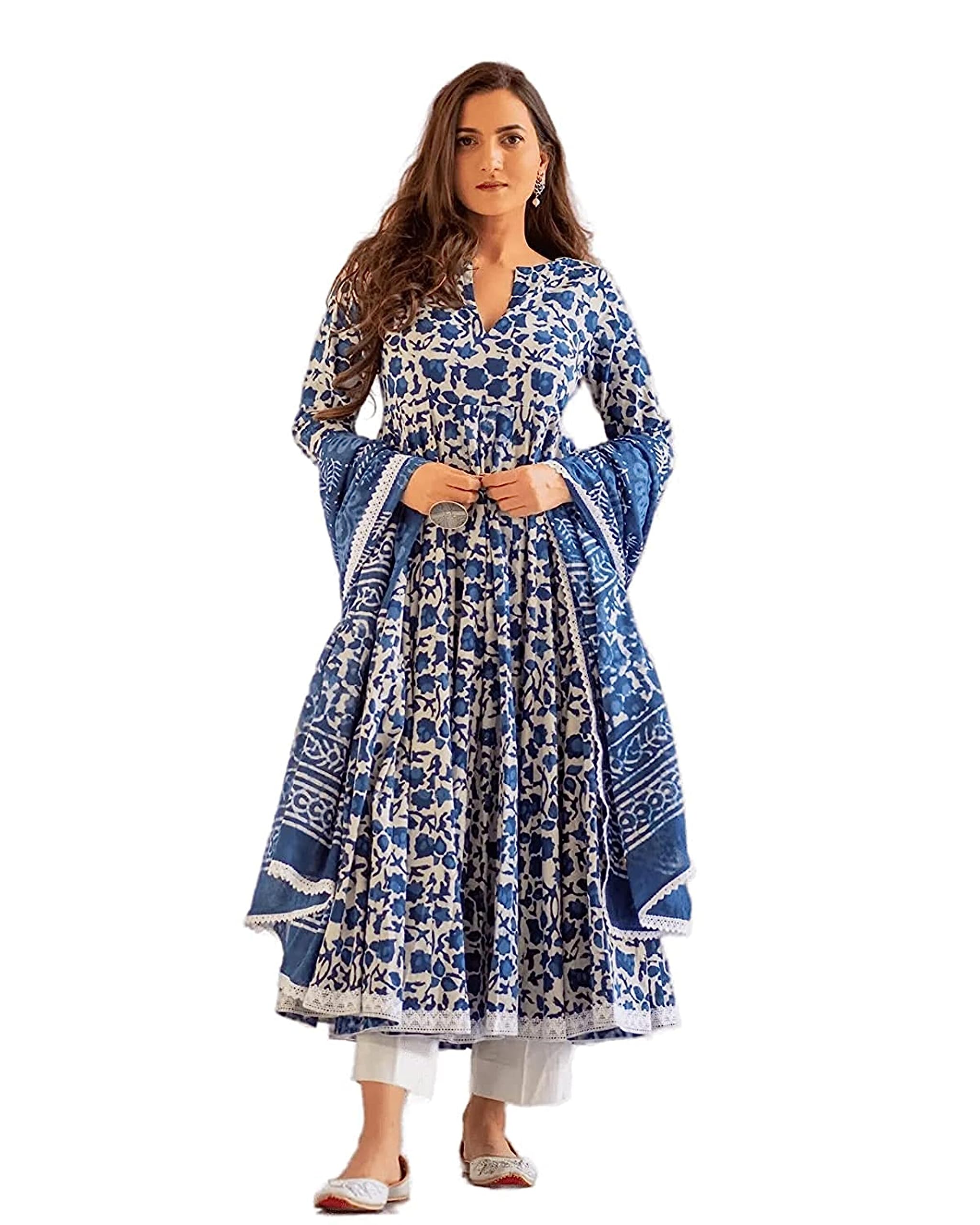 NANNUDECO Cotton Kurtis For Women Blue Anarkali Kurta With Palazzo Dupatta set (M)