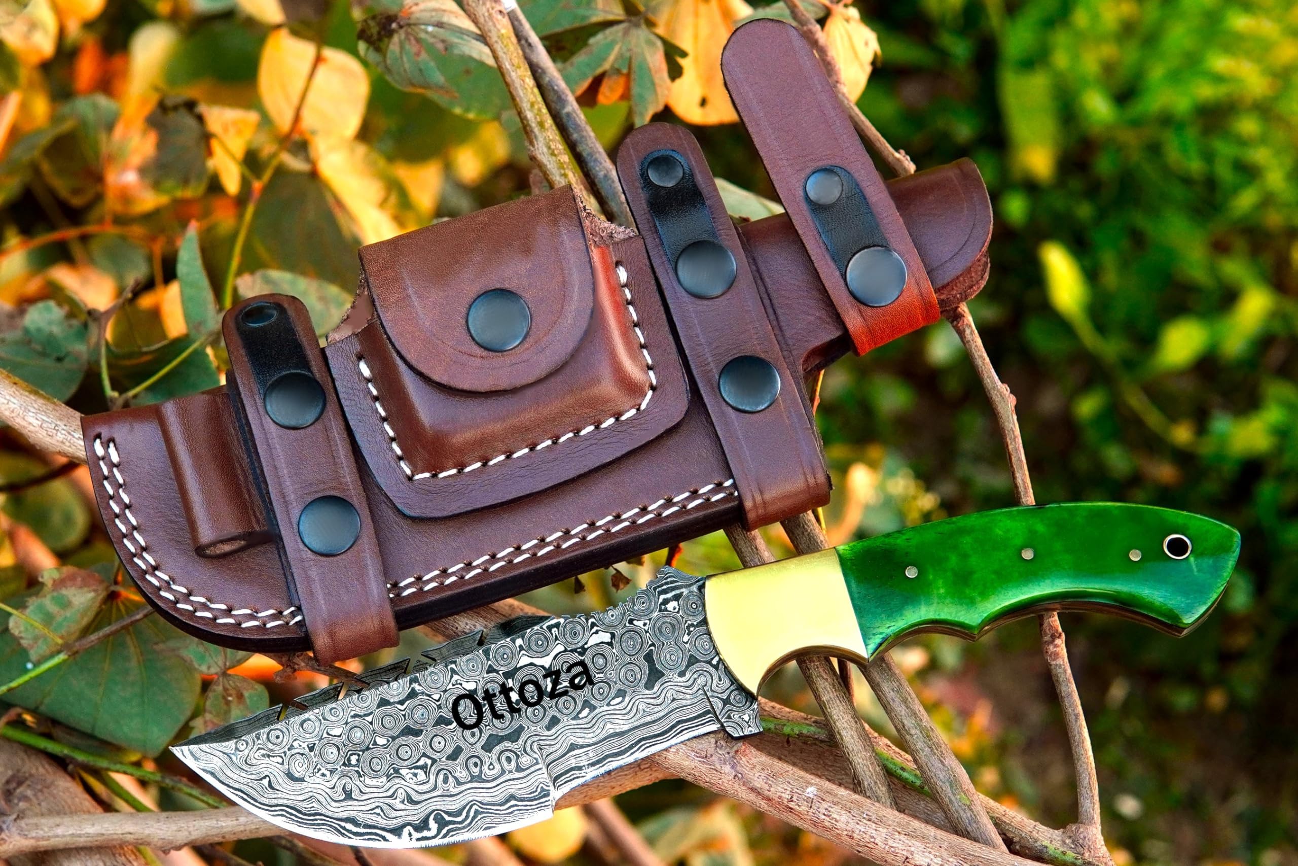 Ottoza Tracker Knife & Bone Handle - Damascus Hunting Knife - Horizontal Carry Knife Sheath 196