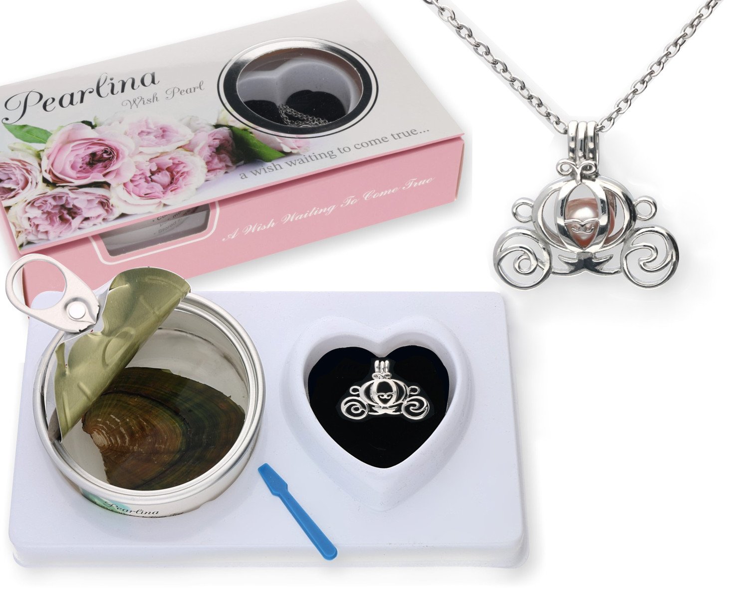 Pearlina Princess carriage Cultured Pearl Oyster Necklace Set Silver-tone Cage w/Stainless Steel Chain,18