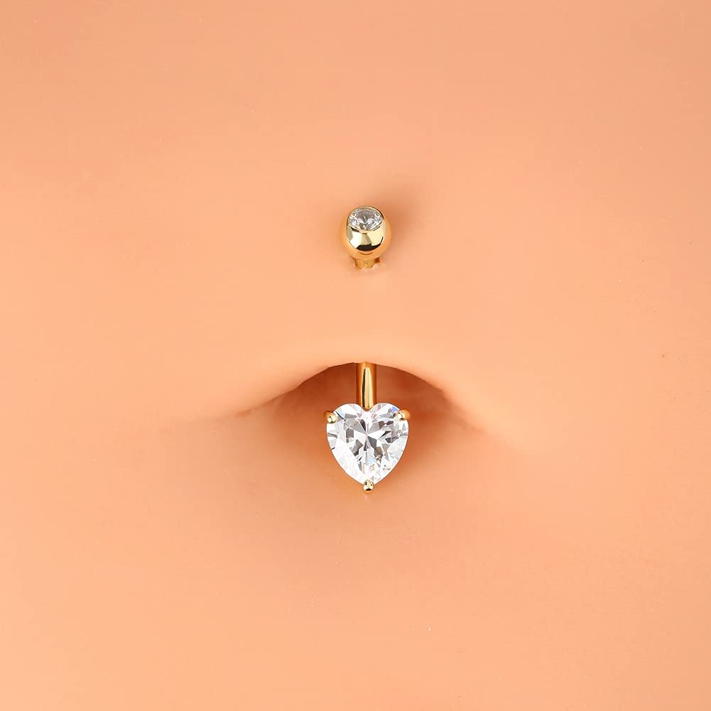 OUFER 14K Gold Heart Solitaire Cubic Zirconia Belly Button Rings Navel Rings Body Piercing Jewelry