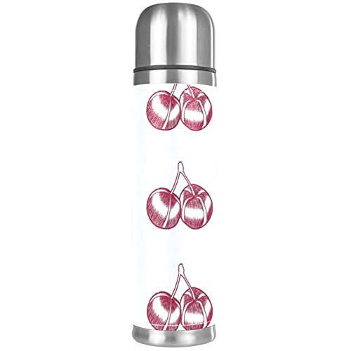 Stainless Steel Leather Vacuum Insulated Mug Cherries Thermos Water Bottle for Hot and Cold Drinks Kids Adults 16 Oz
