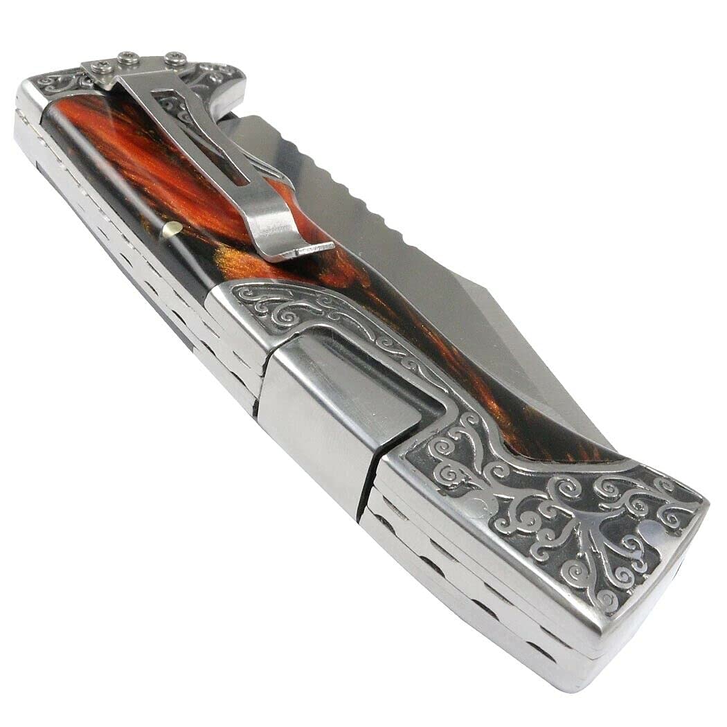 Theboneedge 9" Marble Handle Engraved Design Open Folding Pocket Knife 3cr13 Steel Outdoor Survival Hunting Knife for Camping by Survival Steel