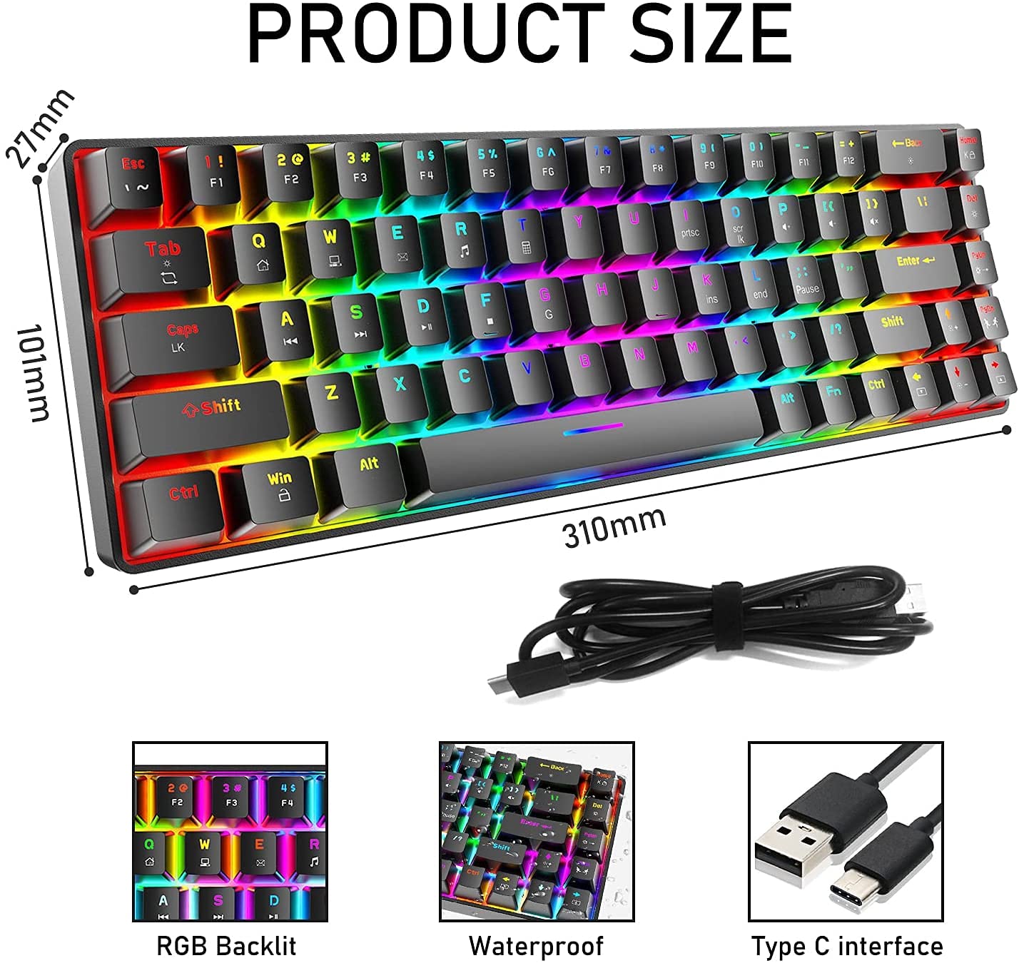 RK-T8 Pro Wired 60% Mechanical Gaming Mini NKRO Keyboard,18 Chroma RGB LED Backlit,TKL Layout,Ultra-Compact With 12 Multimedia Keys,Tactile Red Switch for Xbox,PC,FPS,MOBA,RPG,LOL,PUBG Win/Mac (White)