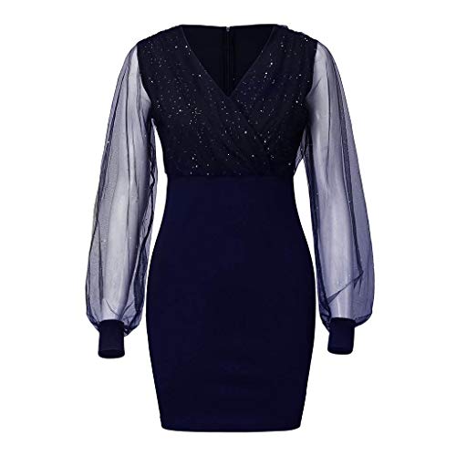 Pinkpaopao Sequins Mesh Long Sleeve Wrap Dress Women's V Neck Solid Color Retro Elegant Party Mini Dress