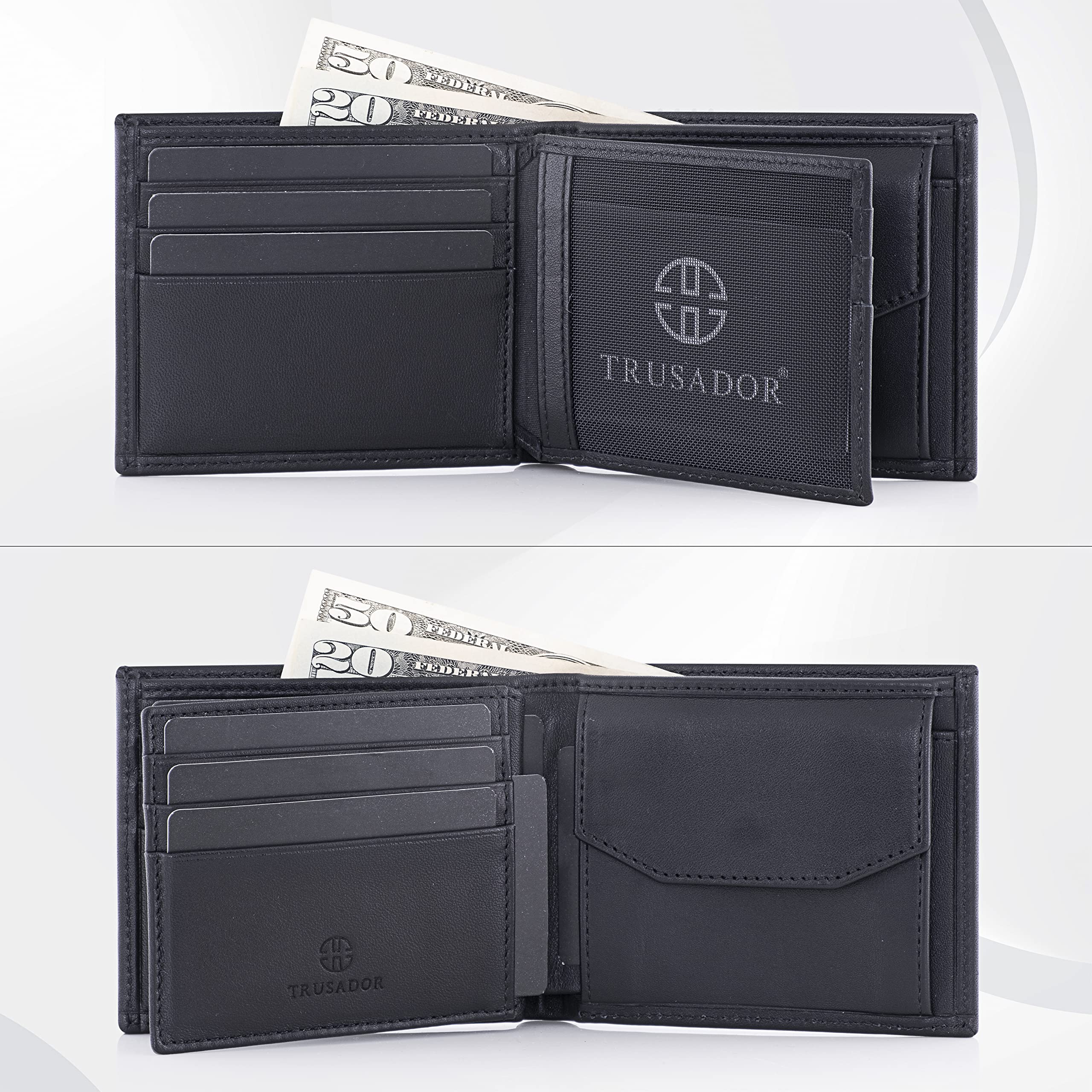 TRUSADOR Treviso Mens Wallets Bifold Leather with Coin Pocket Rfid Blocking (Black)