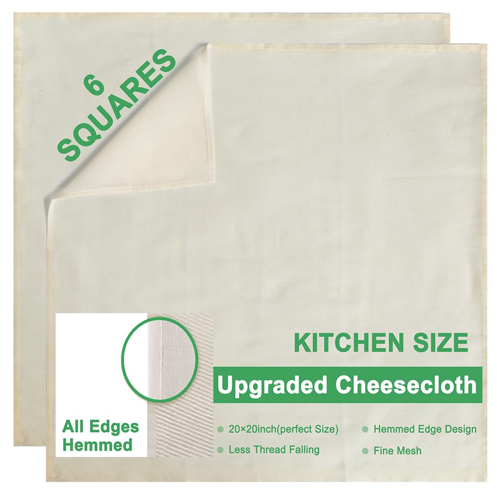YJL Organic Cheese Cloths Grade 100, 6 PCS 20x20 Inch, Hemmed Unbleached Cheesecloth for Straining, Ultra Fine Reusable Cheesecloth for Cooking, Roasting, Cheese Making, Steaming