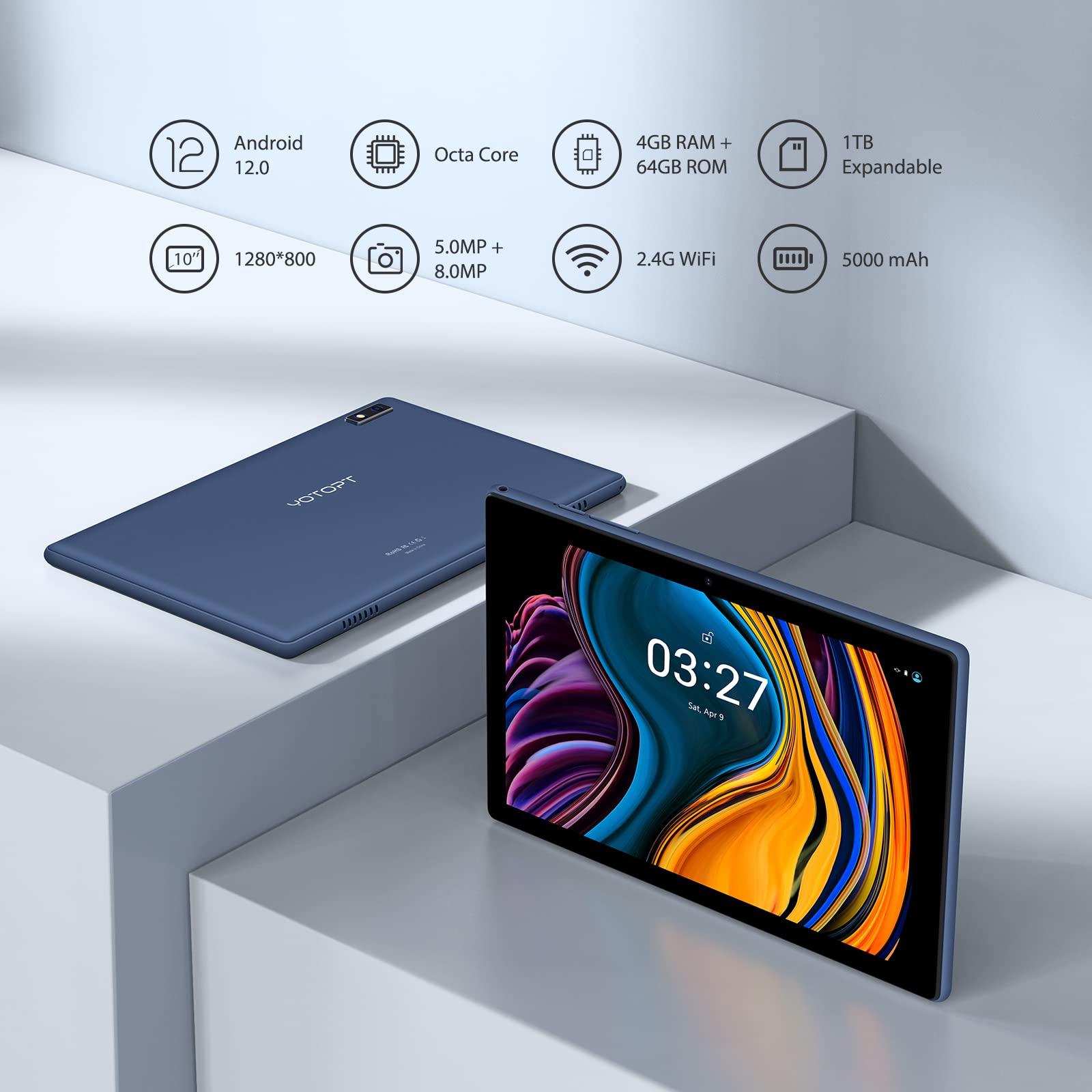 YOTOPT Android 12 Tablet, 10 inch Tablets 4GB RAM, 64GB ROM 1TB Expand, Android Tablet IPS HD Touch Screen, Dual Camera, Bluetooth, Parent Control, WiFi Tablet, Blue