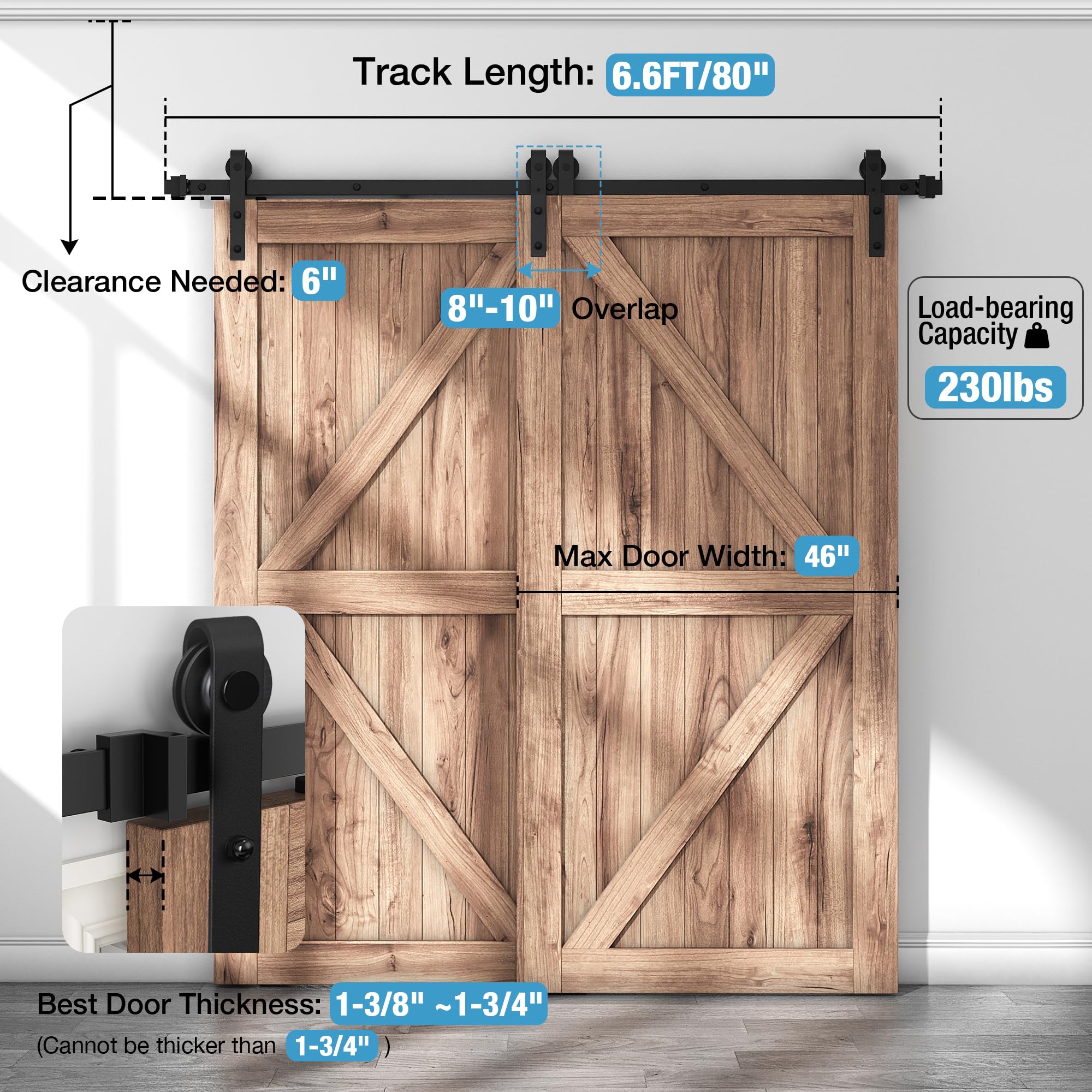 ZEKOO 6.6FT Single Track Bypass barn Door Hardware kit, Double Barn Door Hardware, Sliding Barn Door Hardware Kit for Single Track Black