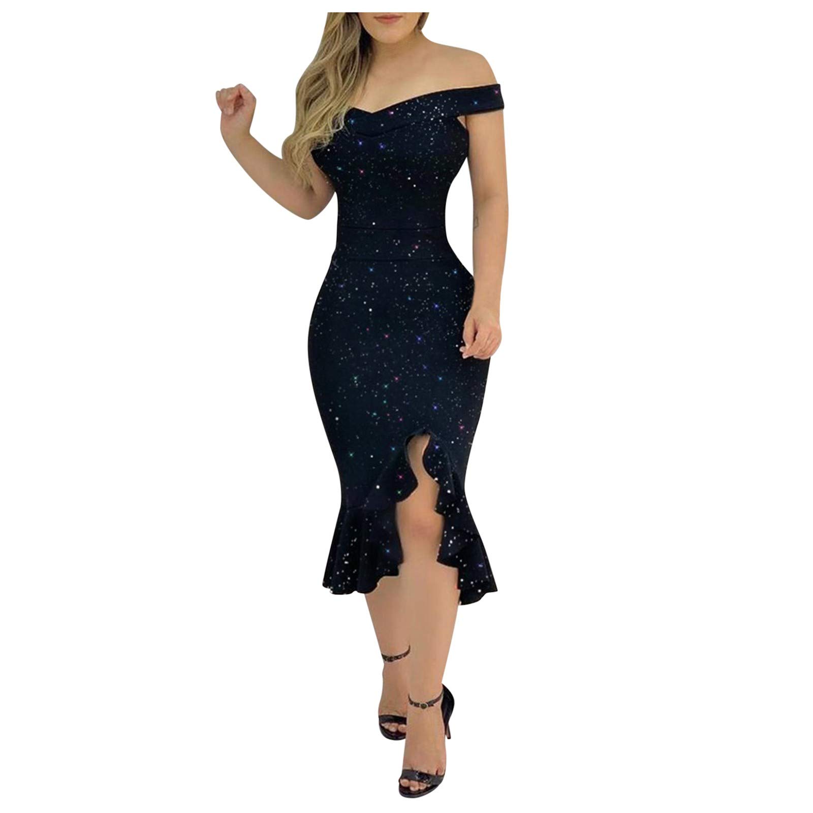 Pinkpaopao Sequins Wrap Dress for Women Solid Color Eelgant Prom Dress Off Shoulder High Waisted Ruffle Split Slim Bodycon