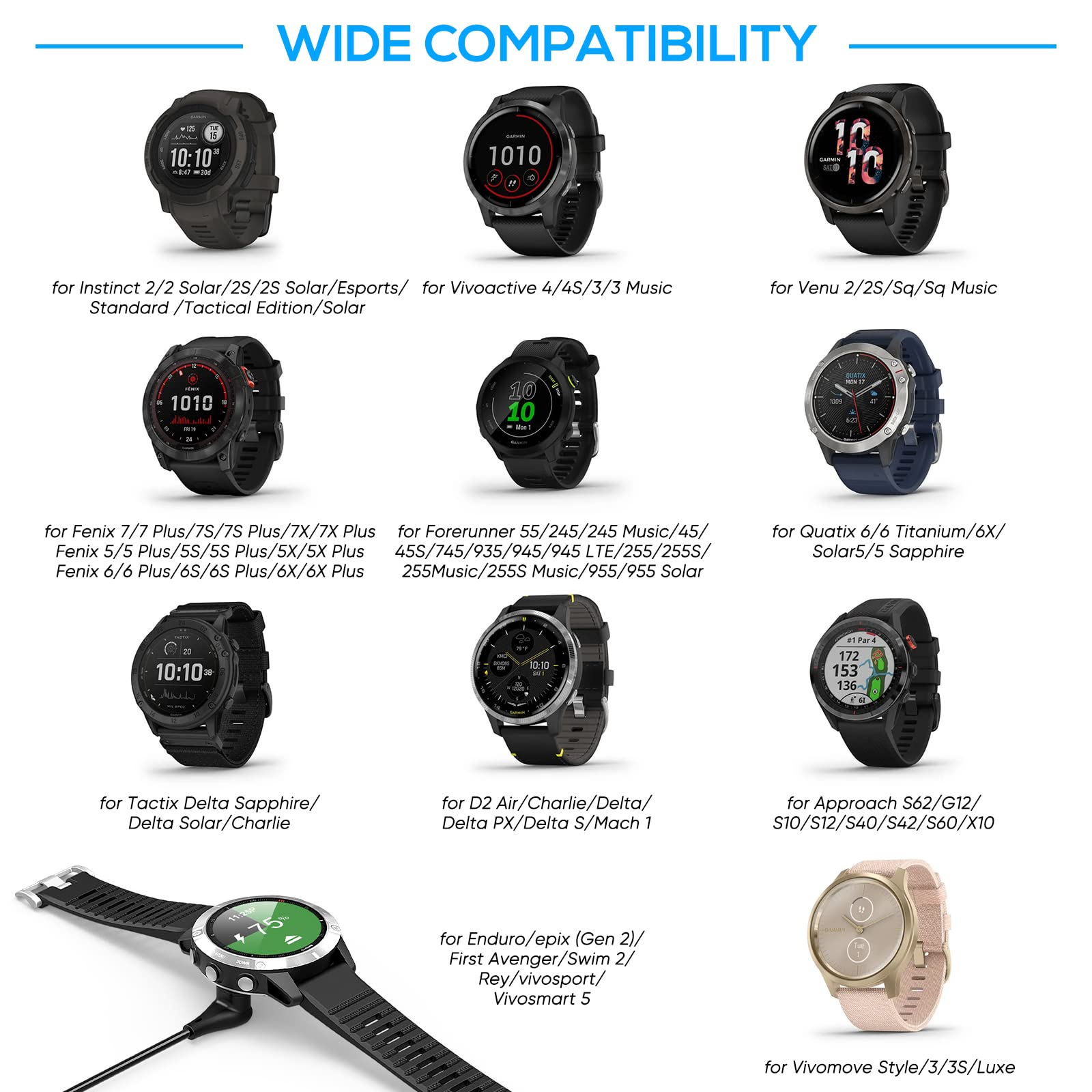 YUANHOT 2 Pack Upgraded Charger Cable for Garmin Watch, Elbow Design Charging Cable Compatible with Garmin Fenix 7/7S/7X, Instinct 2/2S, Vivoactive 4/4S/3, Venu 2/2S/Sq, Forerunner 245/945/55/45.etc