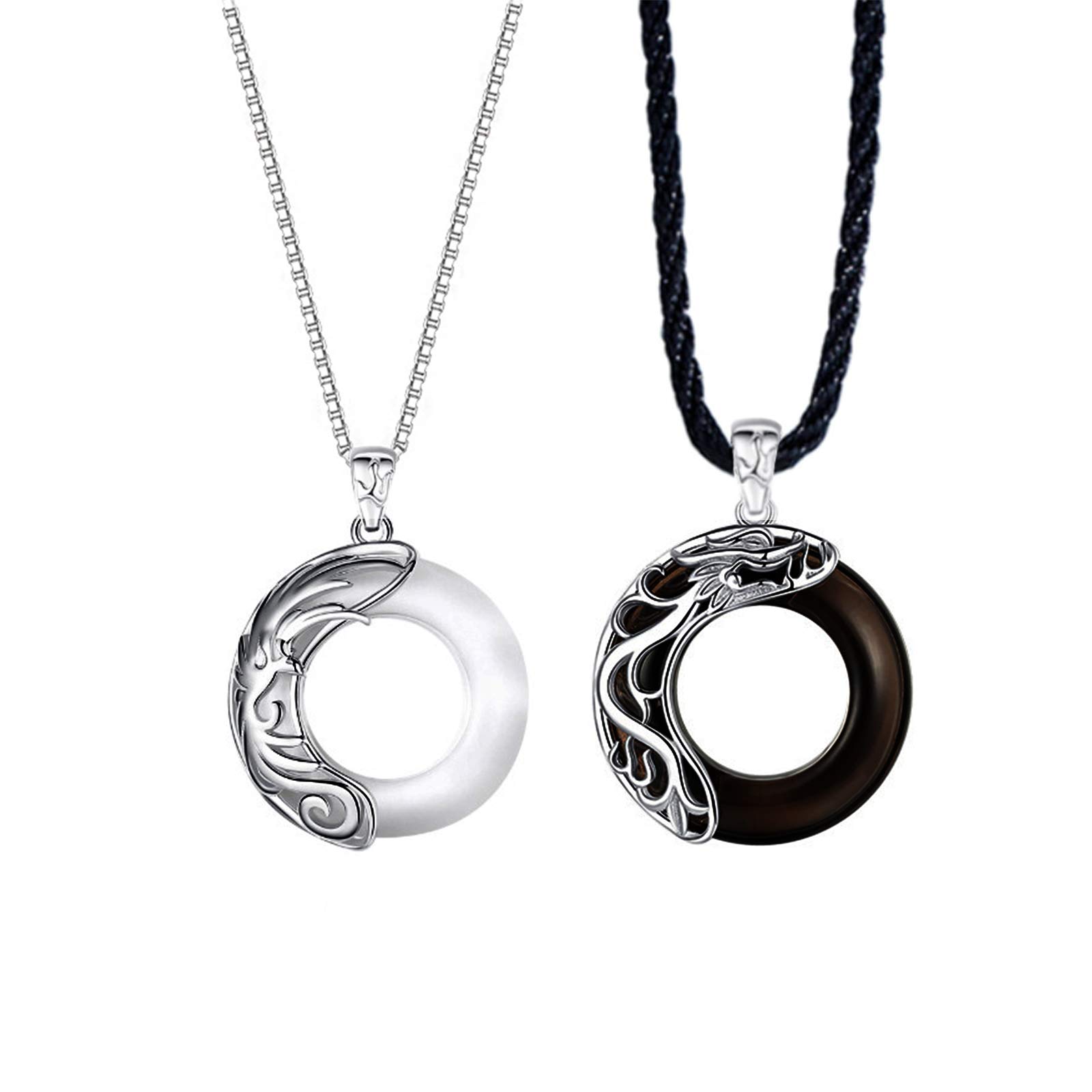 poceton Matching Necklaces for Couples, 925 Sterling Silver Obsidian Pendant, Antique Dragon and Phoenix Pendant Lovers Jewelry Valentine's Day Couple Necklace Gifts for Him and her