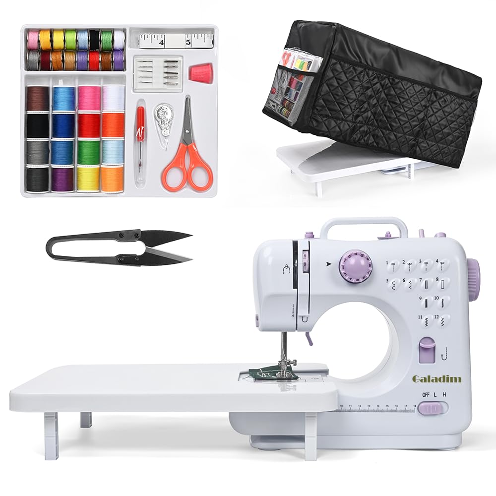 Mini Sewing Machine for Beginners (Includes Cover with Storage Pockets, Extension Table And Sewing supplies set) by Galadim GD-051-A5
