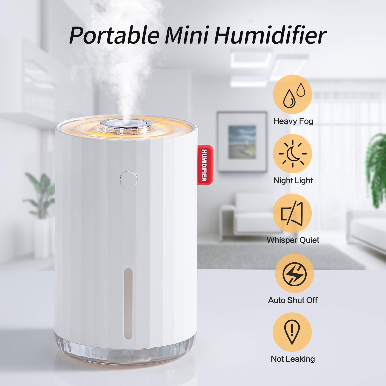 Portable Mini Humidifier, 280ml Small Cool Mist Humidifie with Night Light, USB Personal Desktop Humidifier for Bedroom Baby Travel Office Plants, Whisper Quiet, 2 Spray Modes, Auto Shut-Off, White