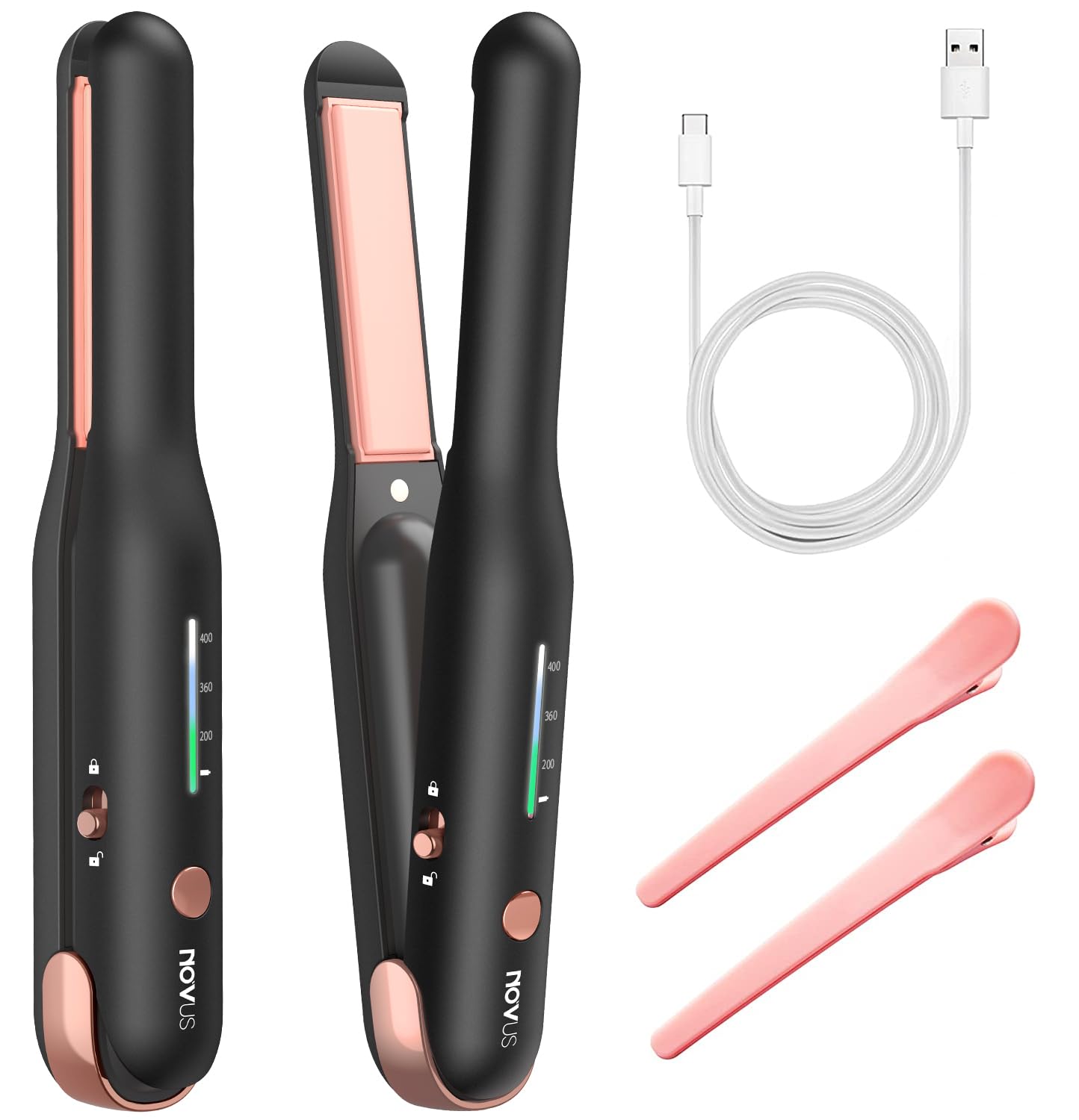 NOVUS Cordless Hair Straightener, for Fine Soft Hair/Short Hair, Portable Ceramic Hair Straightener and Curler 2 in 1, USB Rechargeable Cordless Flat Iron, Mini Size Straightener for Travel