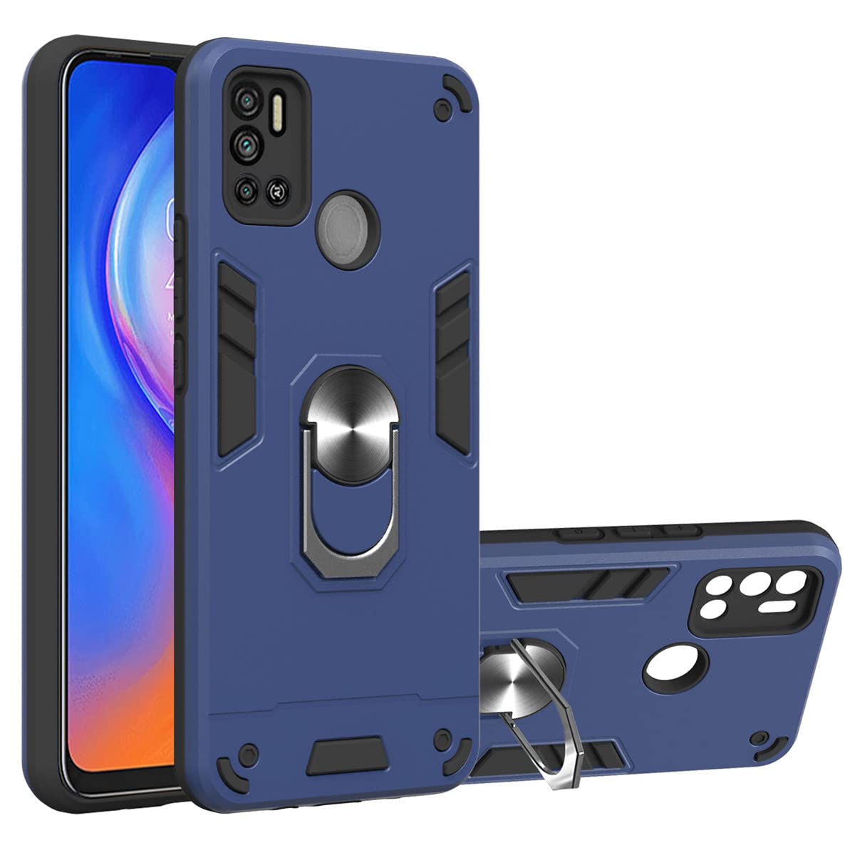 Tecno Spark 6 Air Case, Gift_Source 2 in 1 Dual Layer Shockproof Protective Case Hybrid Hard PC and Soft TPU Silicone Cover Slim Shell with Metal Ring Kickstand for Tecno Spark 6 Air (7.0") [Navy]