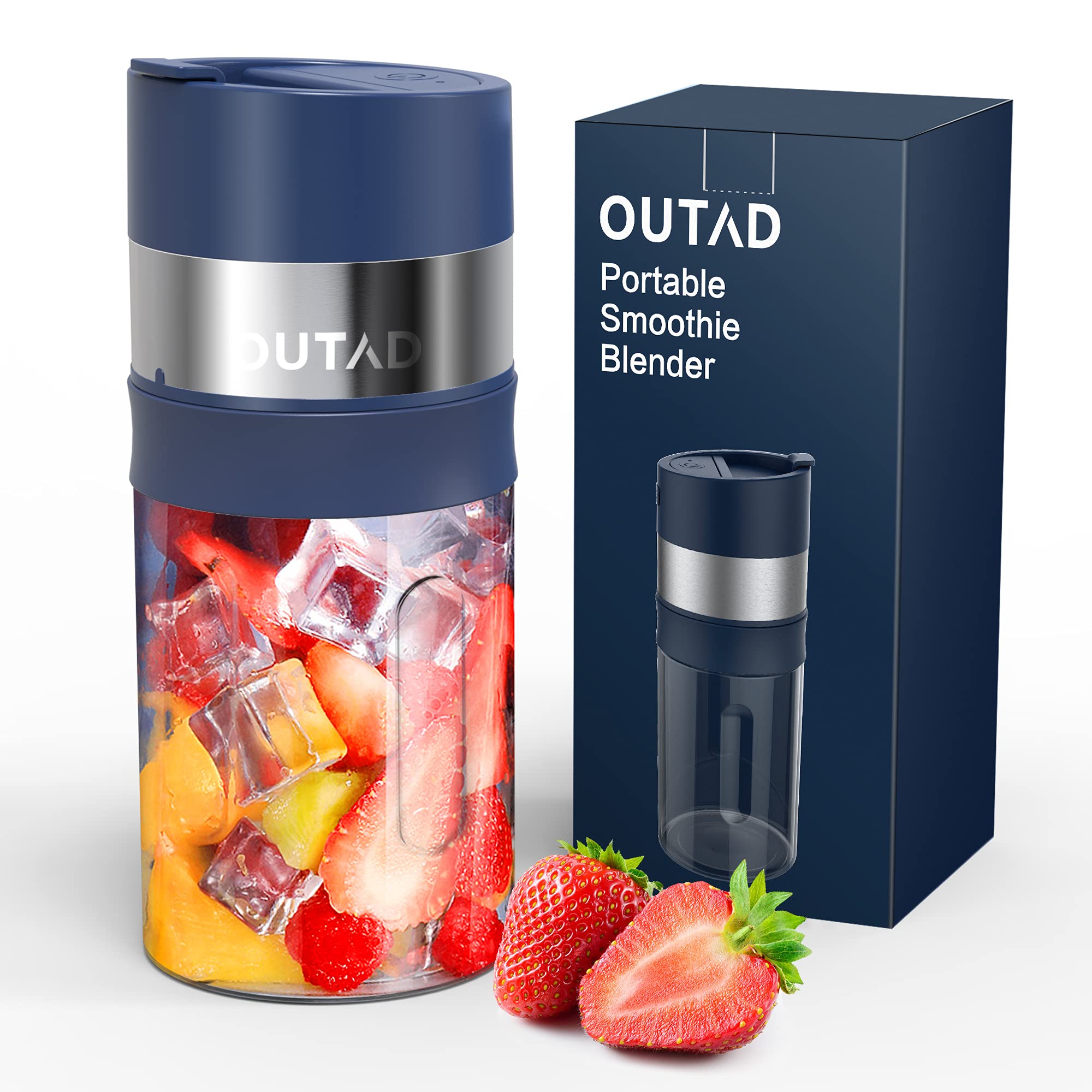 OUTAD Navy Blue 15 Oz Portable Blender, USB Rechargeable, Ice Crushing, Smoothie Maker with 6 Blades, Safety Protection System
